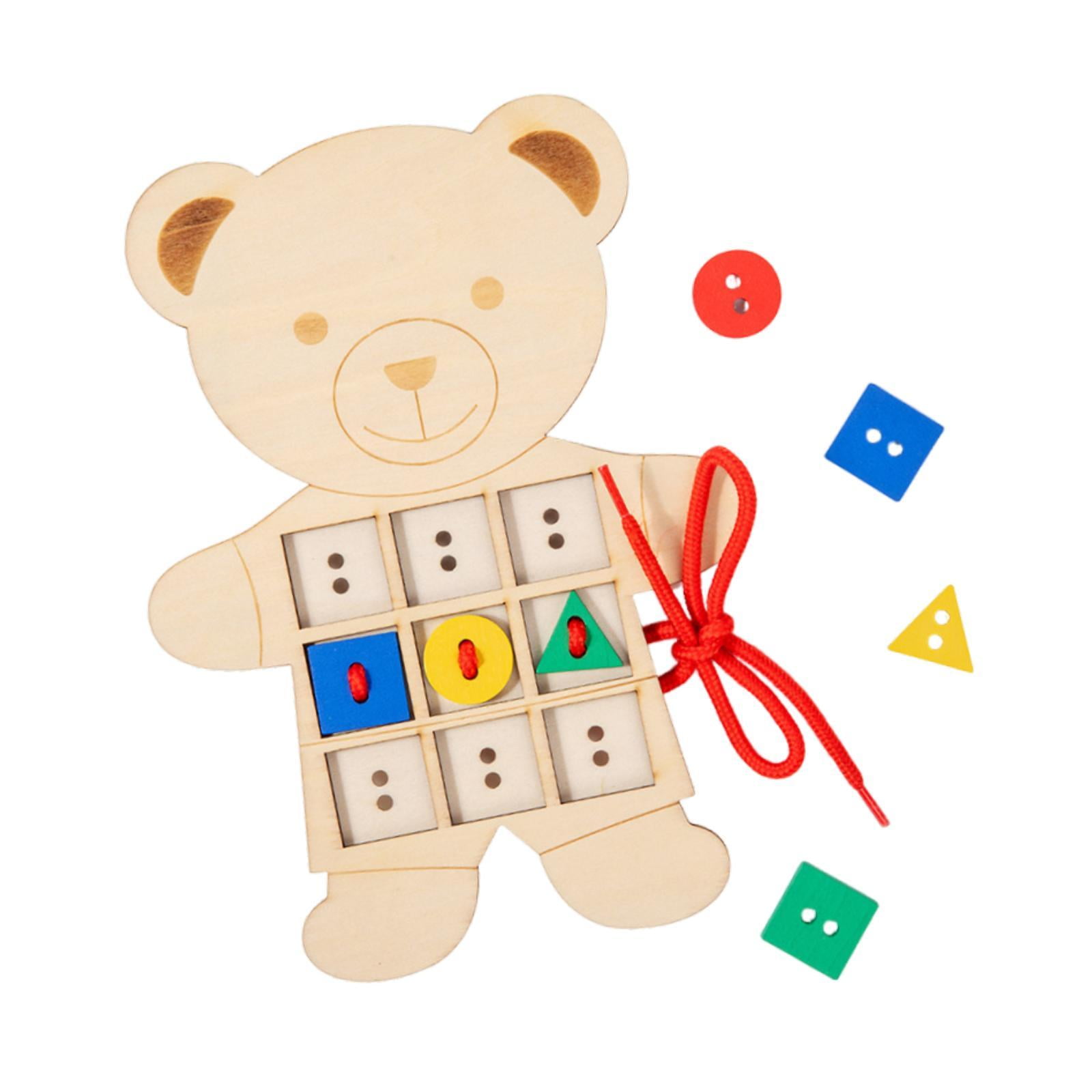 Button Lacing Card Bear Threading Toy Wooden Material for Preschool Early Education Fine Motor ...