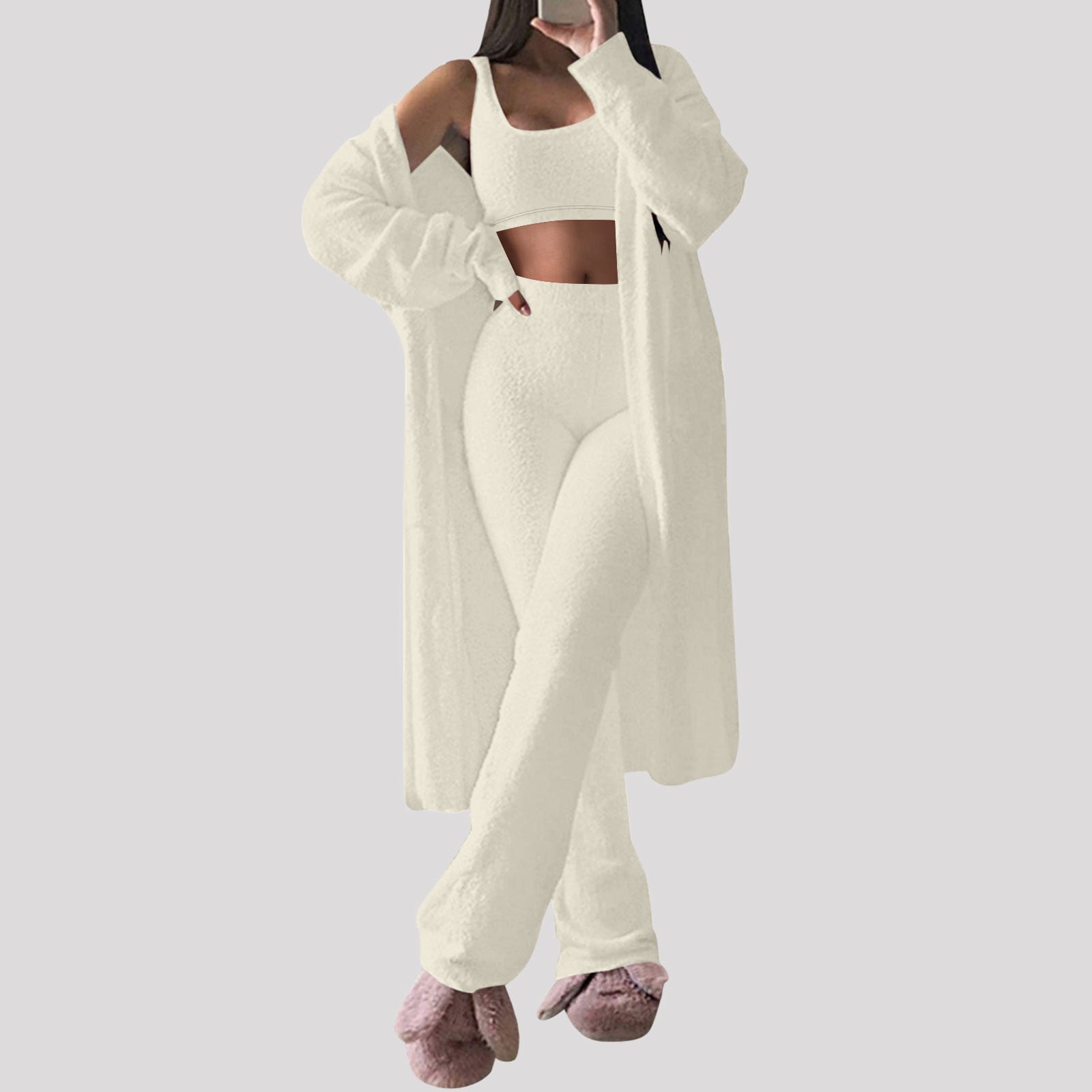 Button Long Sleeve Sweatsuit Women's Fuzzy 3 Piece Outfits Open Front ...