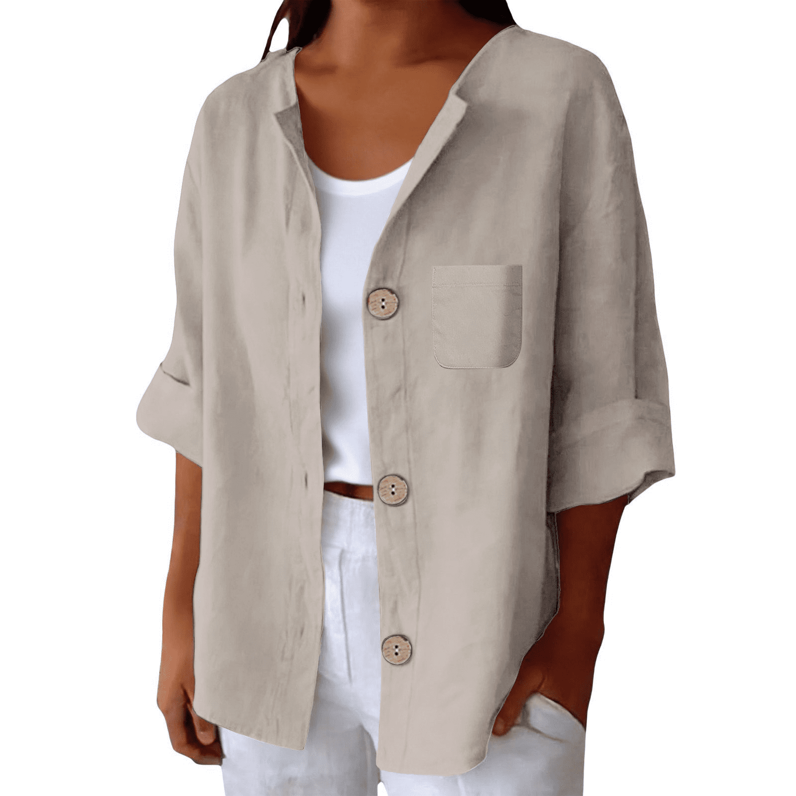 Button Open Front Linen Shirt Casual Travel Cotton Linen Tops Loose Fit ...