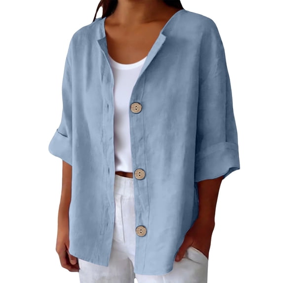 Button Open Front Linen Shirt V Neck Plus Size Boho Blouses Loose ...