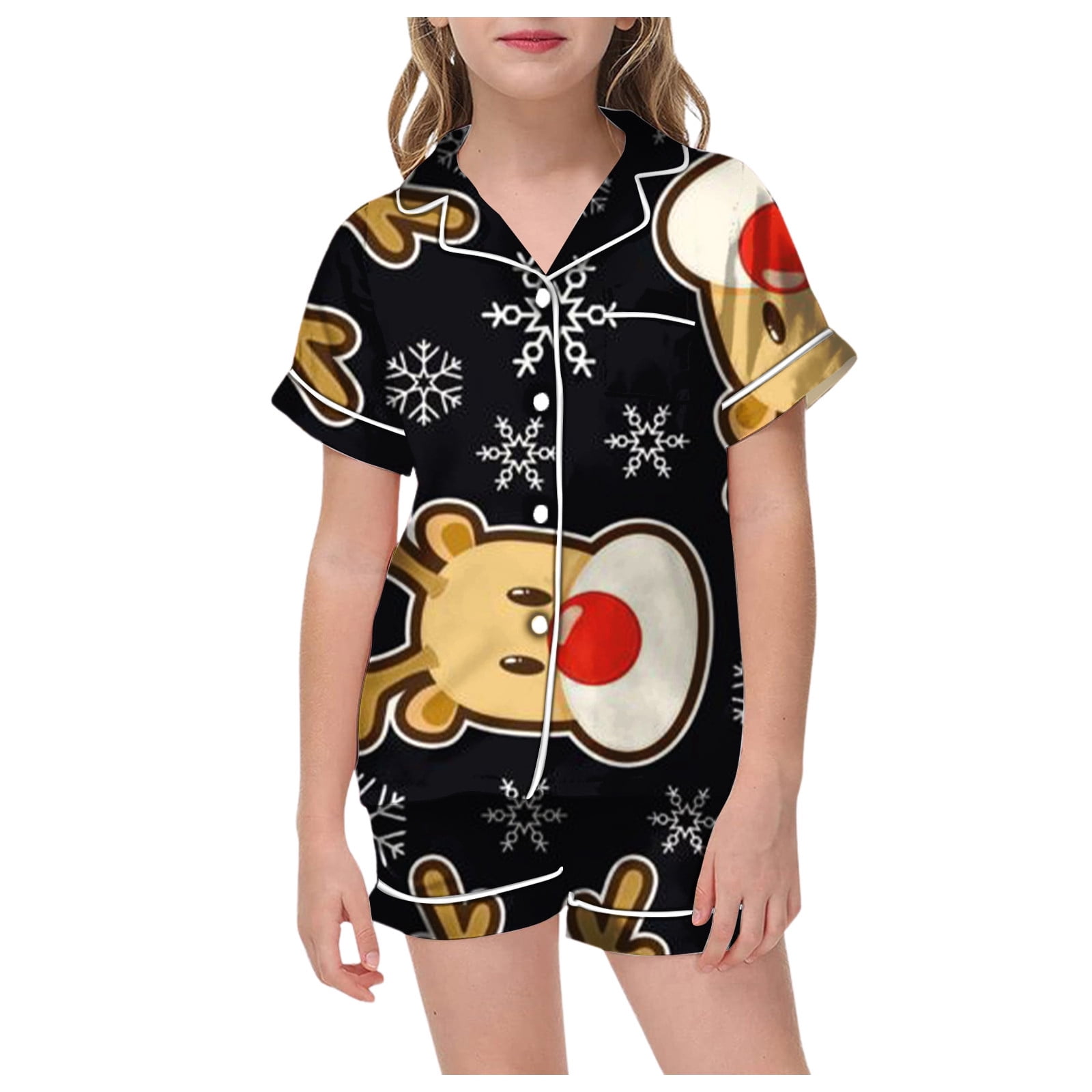 Button Pajamas for Girls Set Shorts Silk Kids Short Sleeve 2 Piece Preppy Loungewear Pjs Summer ...