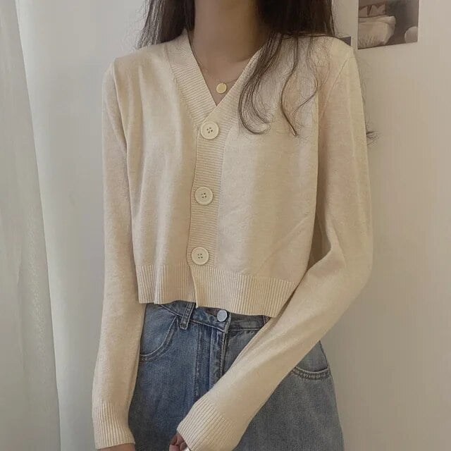 Button Pullover Long Sleeve Sweater Women V Neck Short Top Ladies
