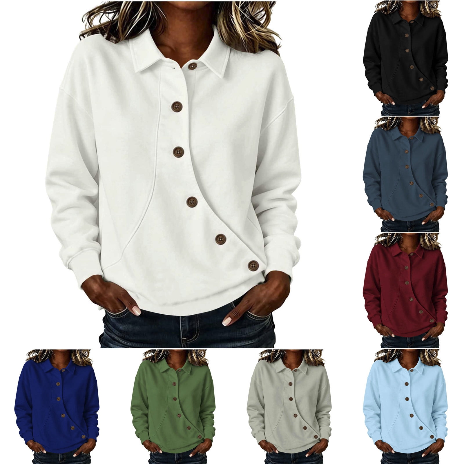 Button Seatshirts for Women - Asymmetric Turndown Collared Blouses ...