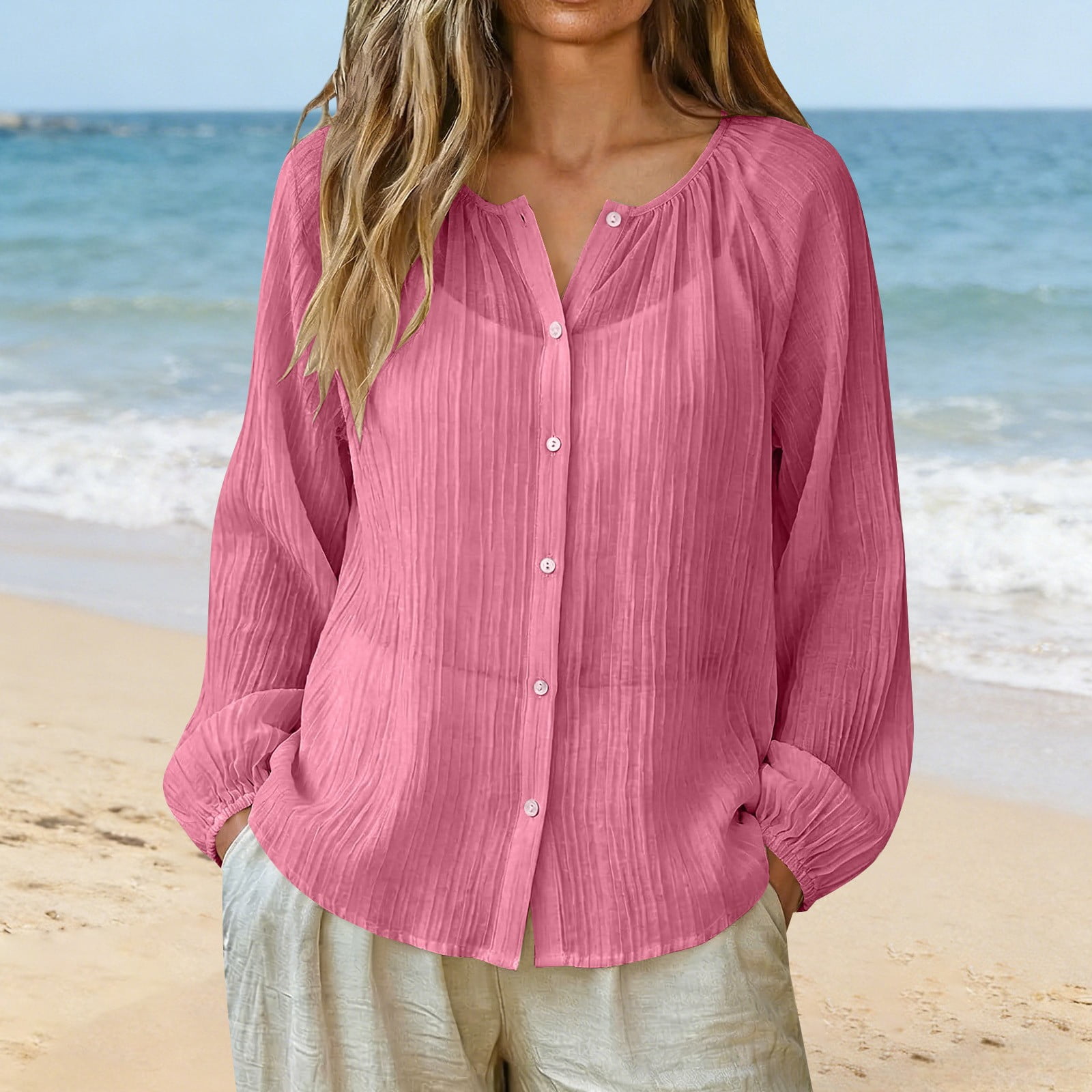 Button Down Shirts Long Sleeve JIANLAI Solid Color Balloon Sleeve Retro ...