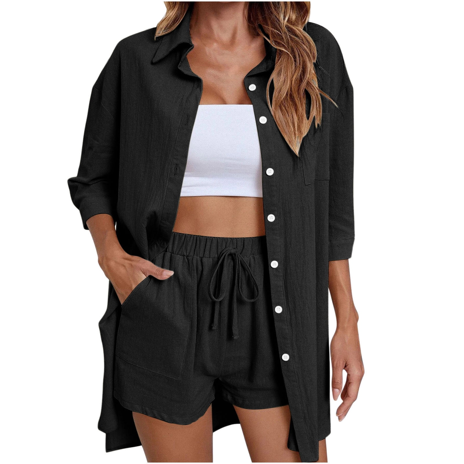 Button up Shirts Women Sets, Vacation Outfits for Woman, 2 Piece ...