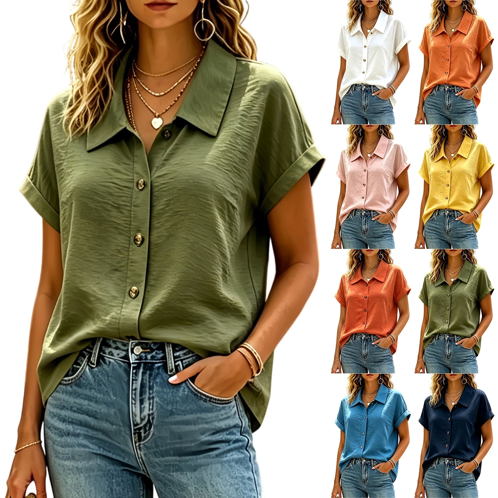 Button Down Short Sleeve Shirts for Women, Soft Collared Summer Blouse ...