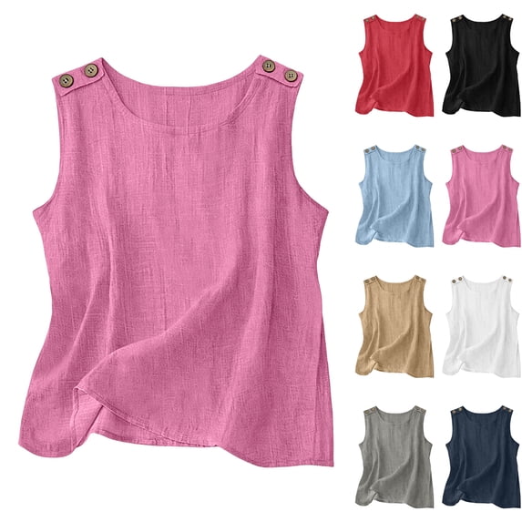 Button Shoulder Sleeveless Tank for Women - Round Neck Loose Fit Linen ...