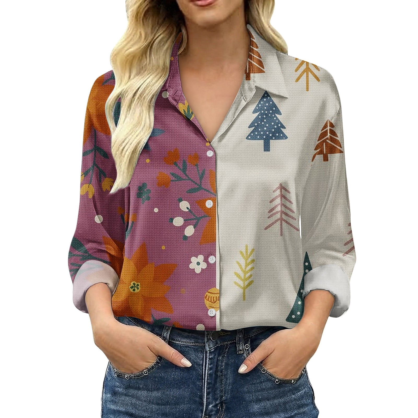 Button Down Silk Tops, Retro Going Out Flower Printed Shirt Work Office ...