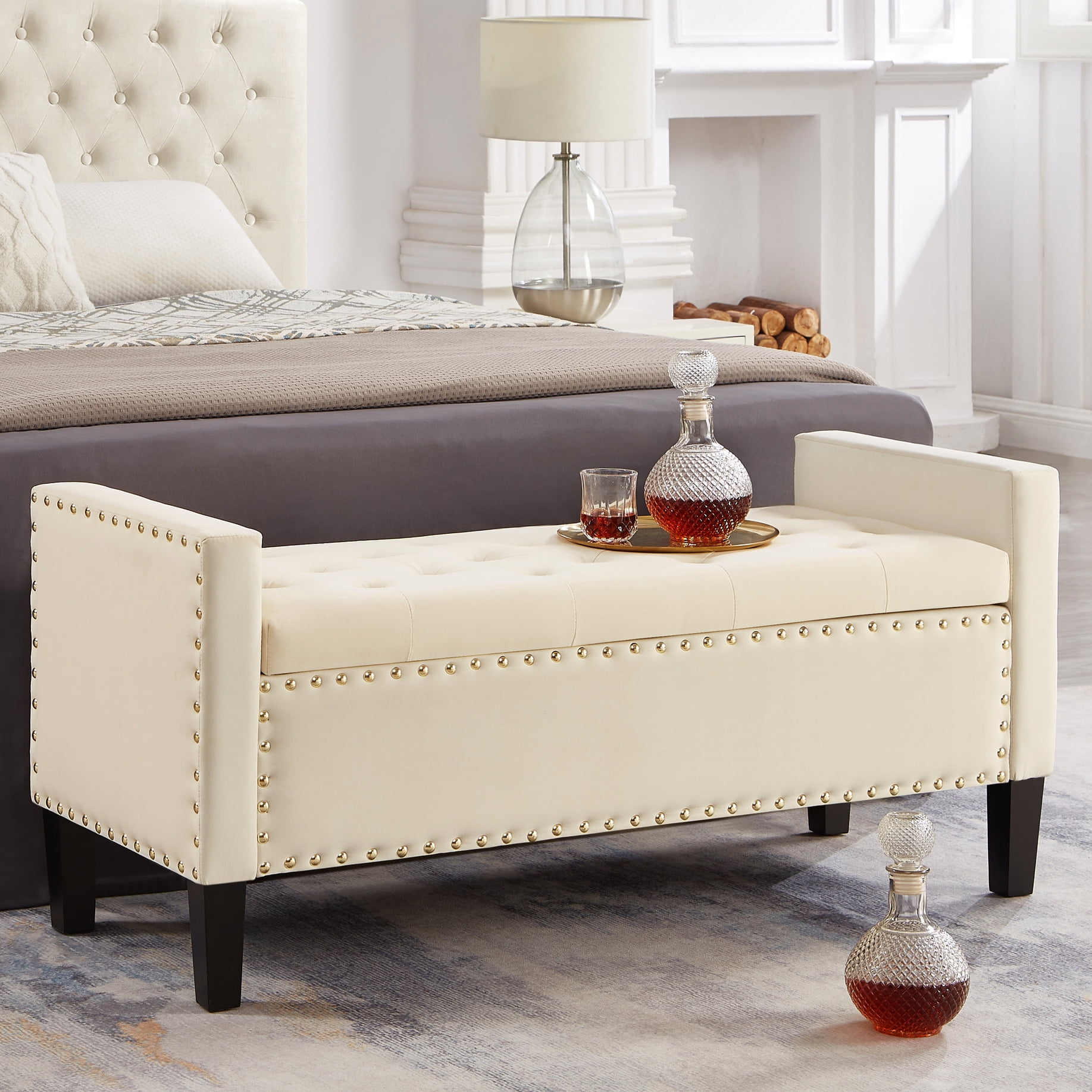 Button Storage Bench With Armrest - Cream Velvet Fabric, Wood Frame For Bedroom, Living Room ...