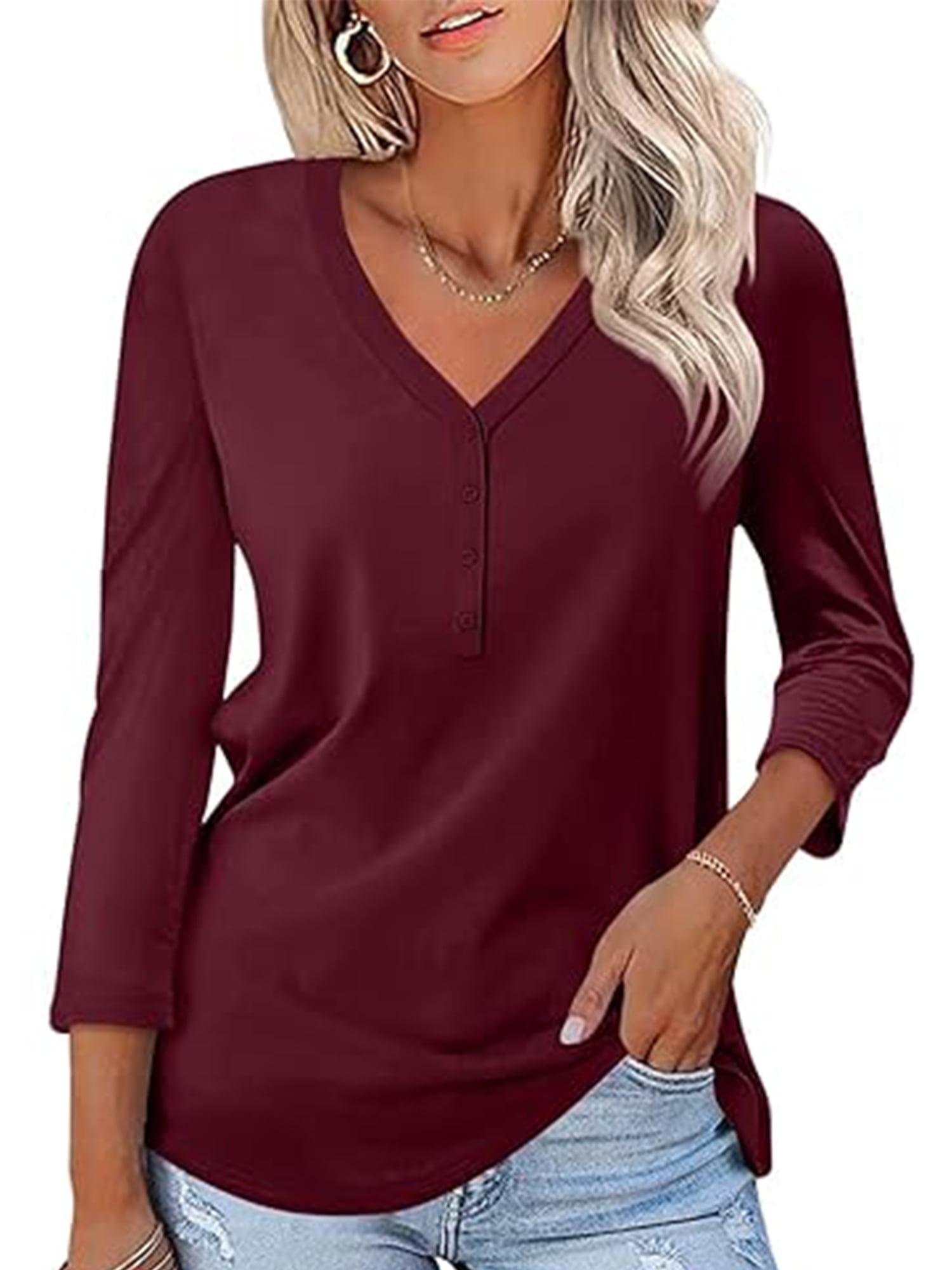 Button Tops for Women Casual Fit V Neck Fall Tshirts Shirts 3/4 Sleeve ...