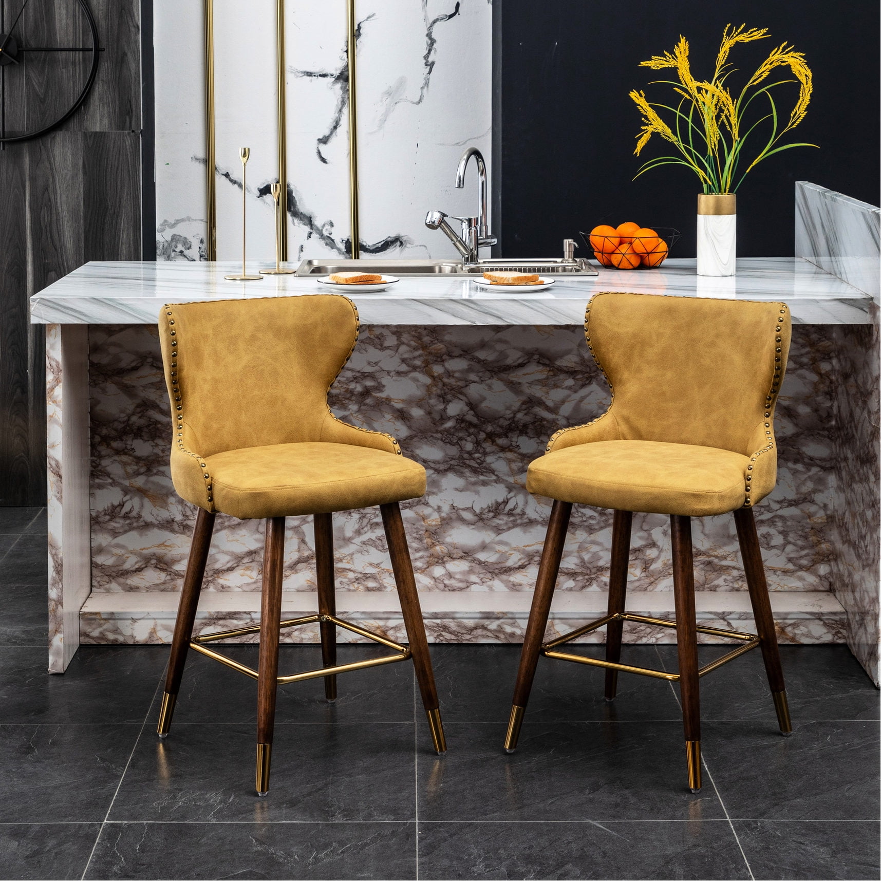 Button Tufted Counter Stools in Yellow / Attractive Seating for Office ...