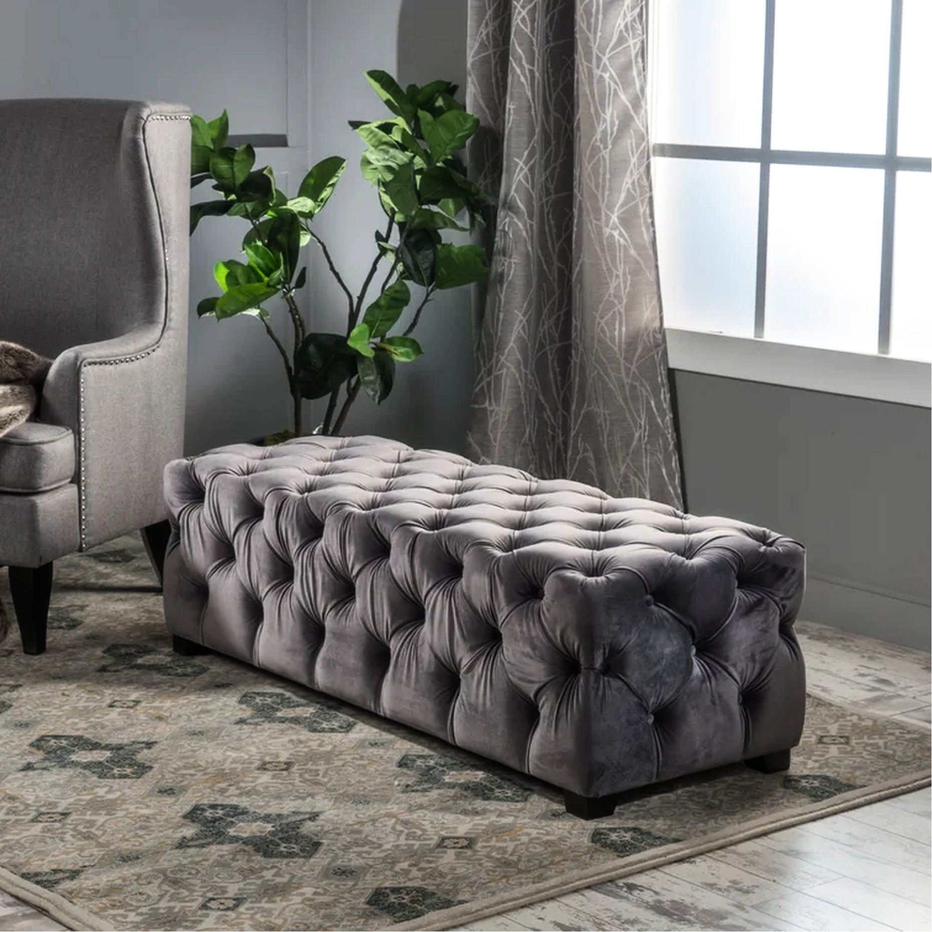 Button-Tufted Diamond Stitch Velvet Ottoman - Serve Decorative and ...