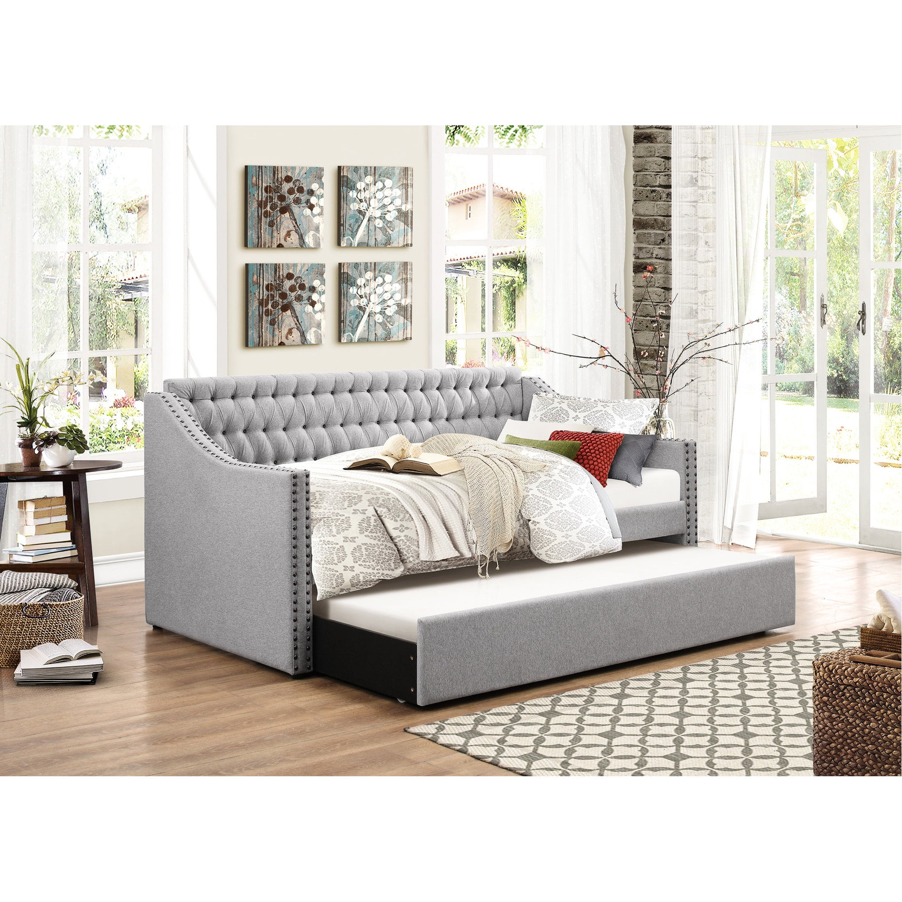 Button-Tufted Sofa Bed with Trundle+Casters on Trundle"-"Bedroom ...