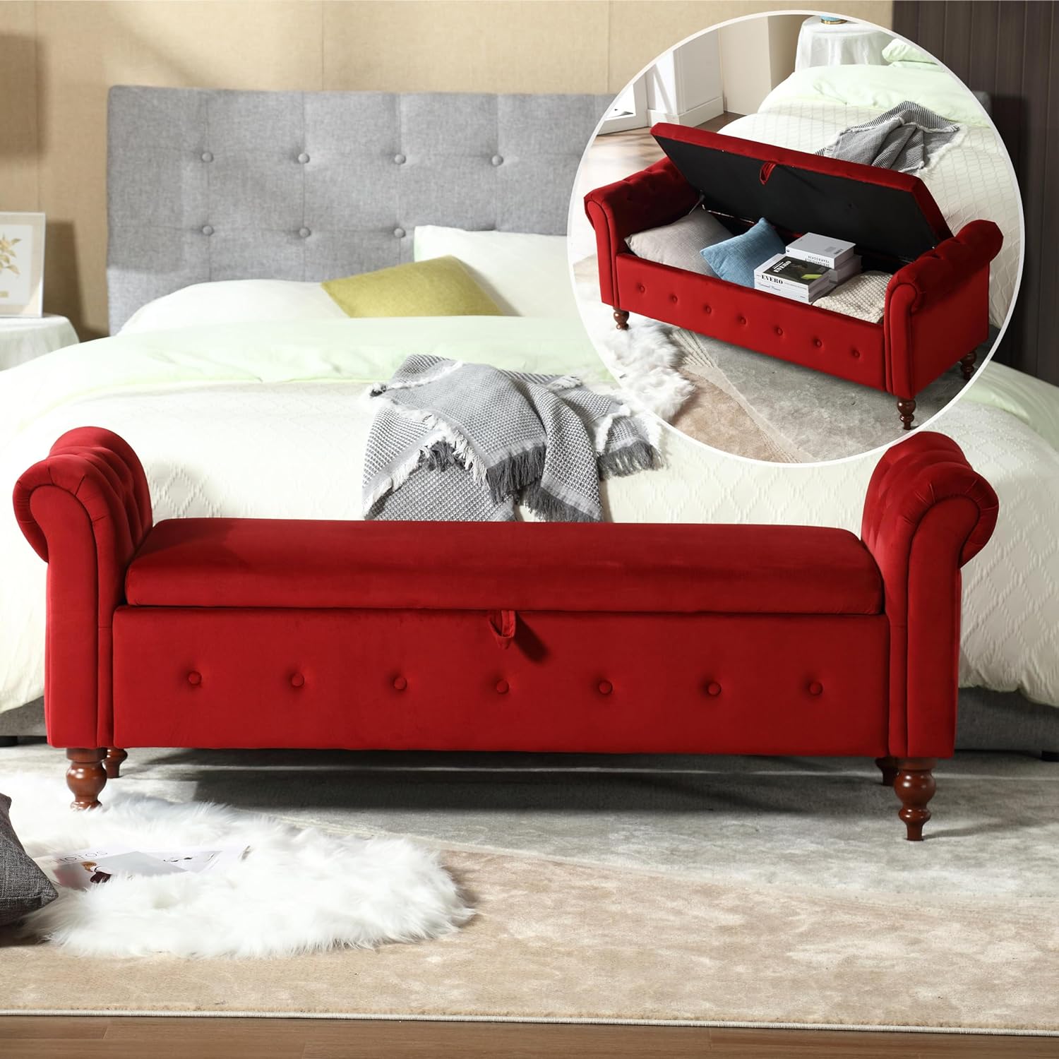Button Tufted Storage Bench, End of Bed Velvet Bench for Bedroom ...