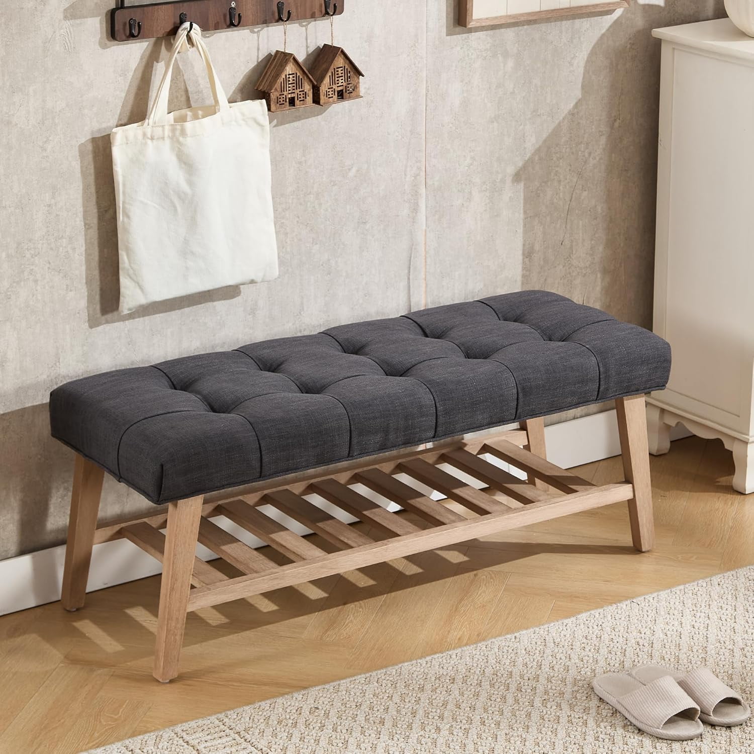 Button-Tufted Storage Bench for Living Room Upholstered Entryway Bench ...