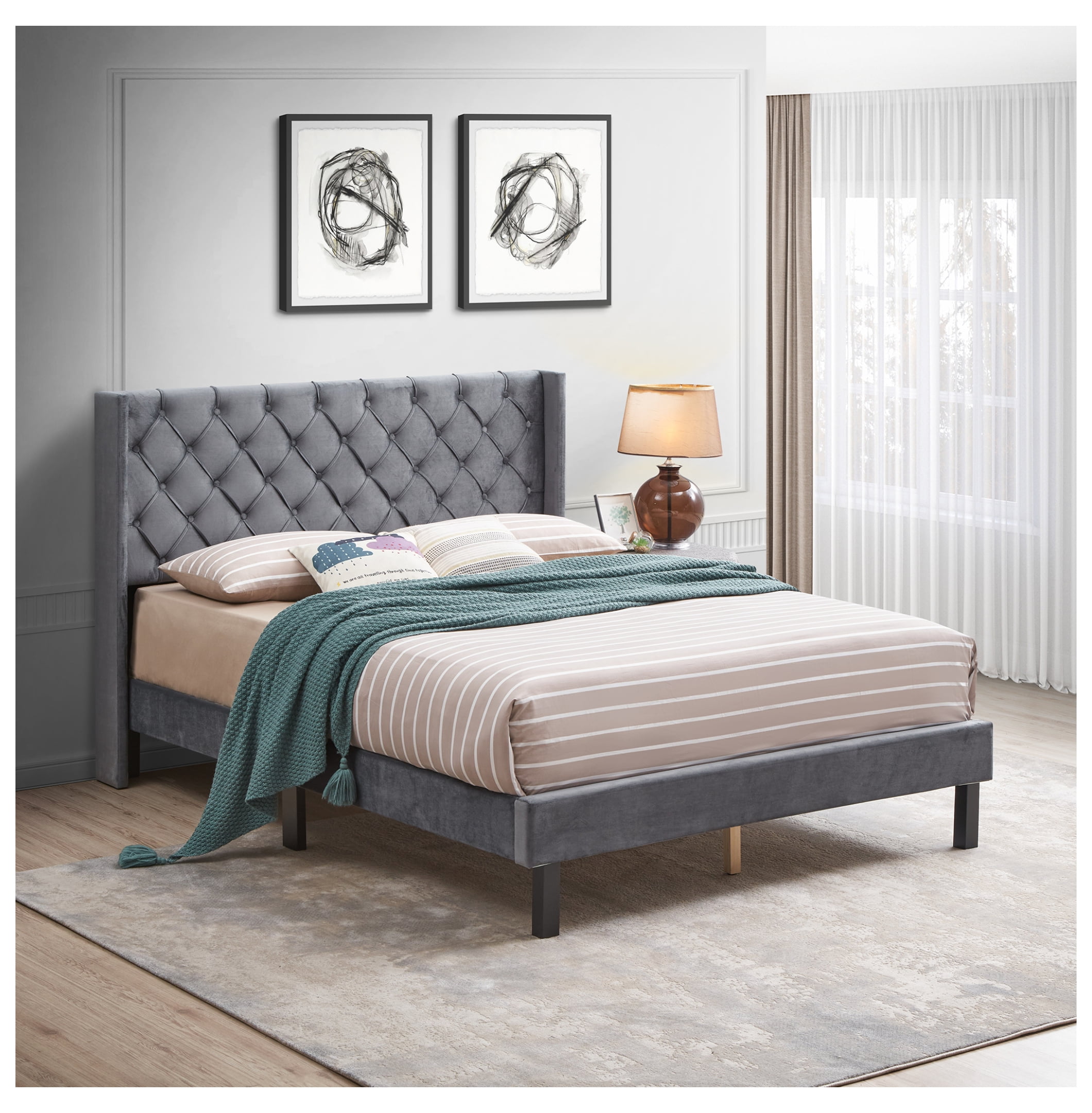 Button Tufted-Upholstered Bed with Design - Strong Wood Slat Support ...