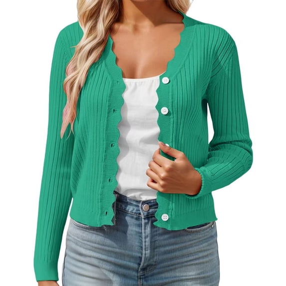 Button Up Cardigan Women Crop Knit Cardigan Scallop Collar Lightweight ...
