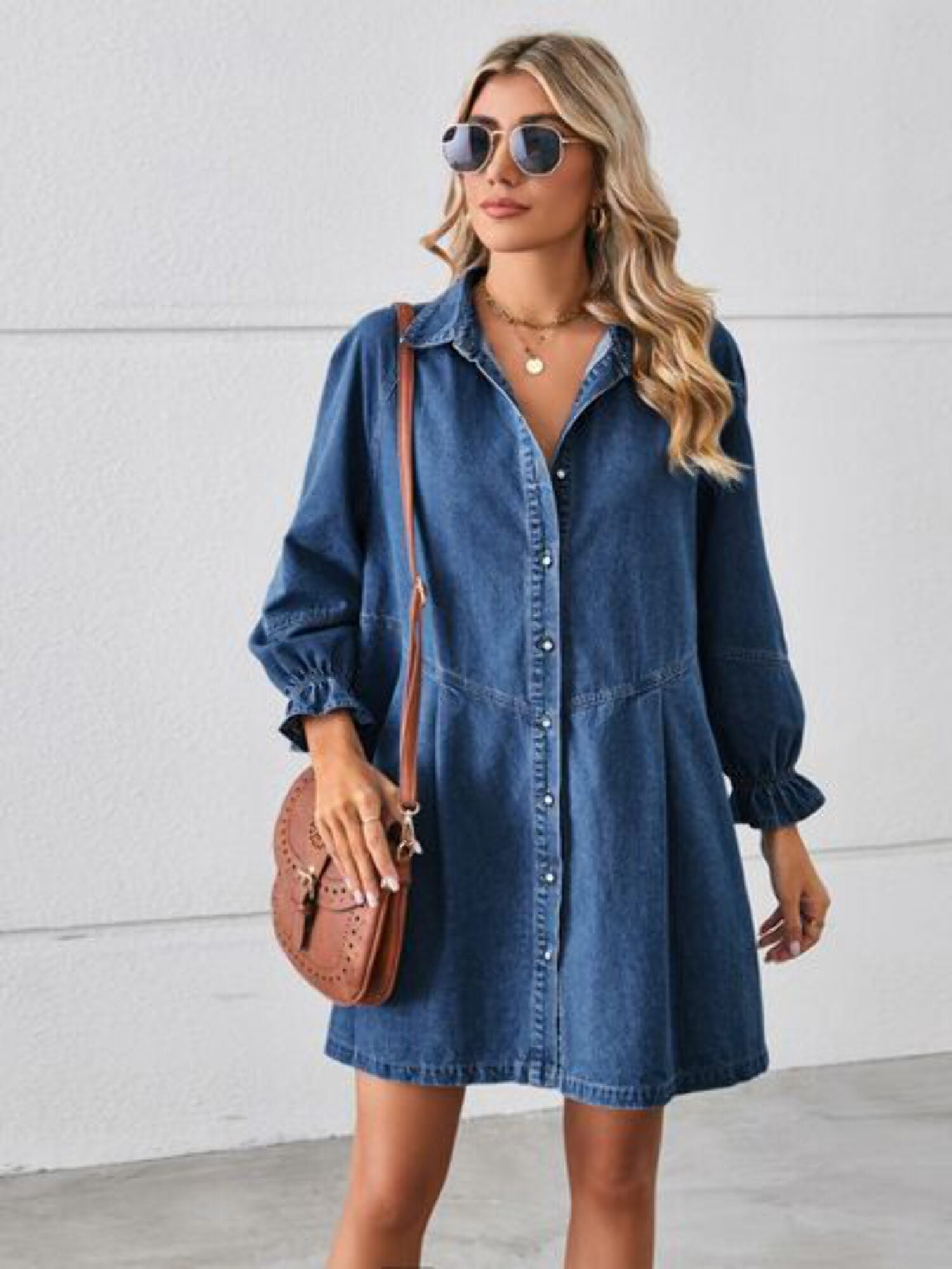 Button Up Flounce Sleeve Mini Denim Dress - Walmart.com
