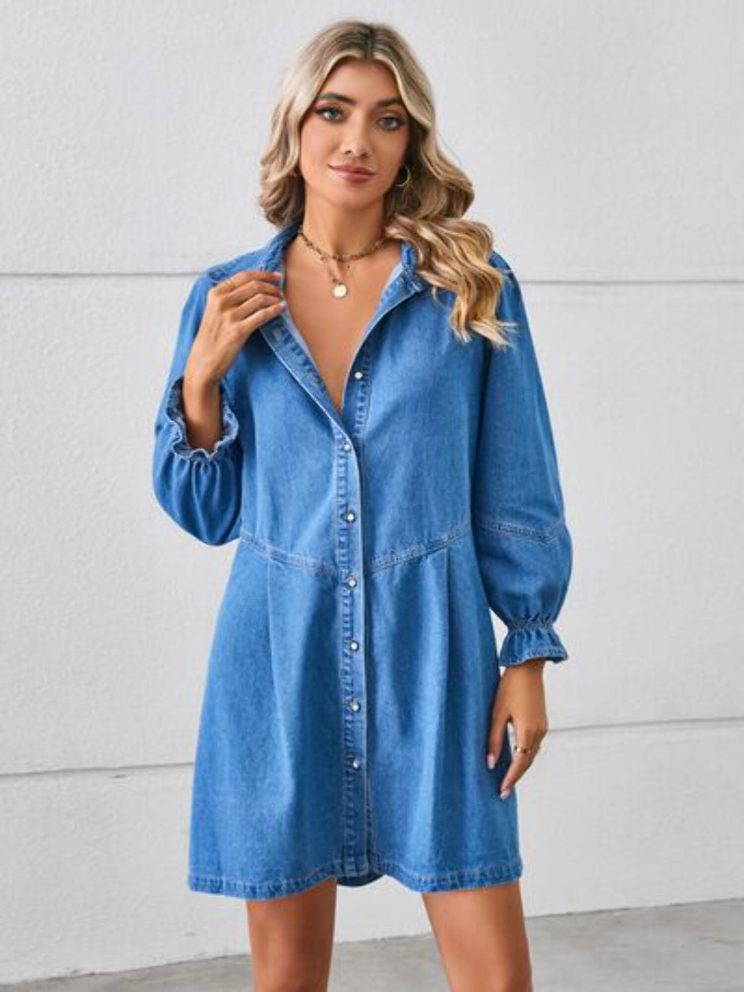 Button Up Flounce Sleeve Mini Denim Dress - Walmart.com