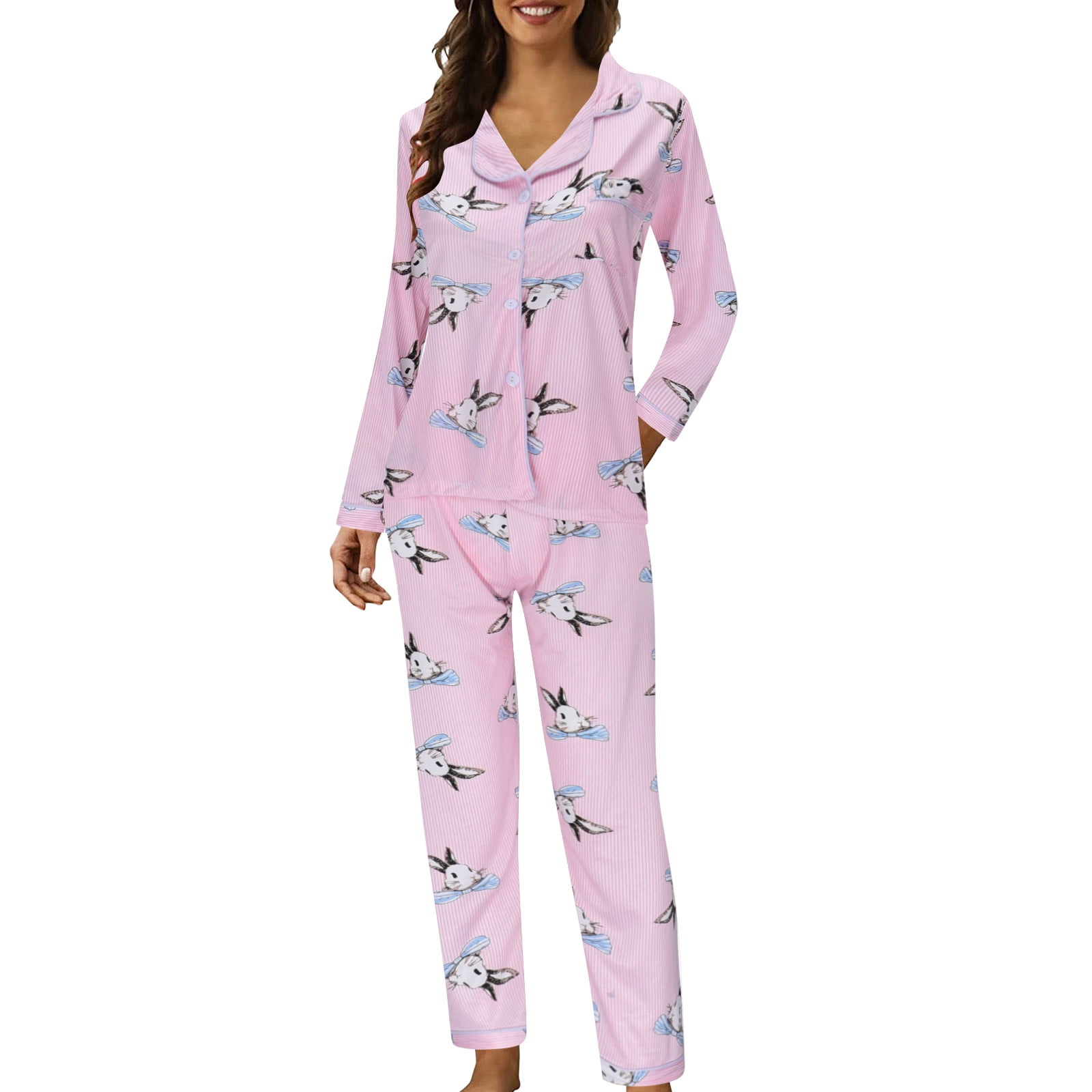 Button Up Pajamas Women Lapel Button Print 2 Piece Pjs Sets Long Sleeve ...