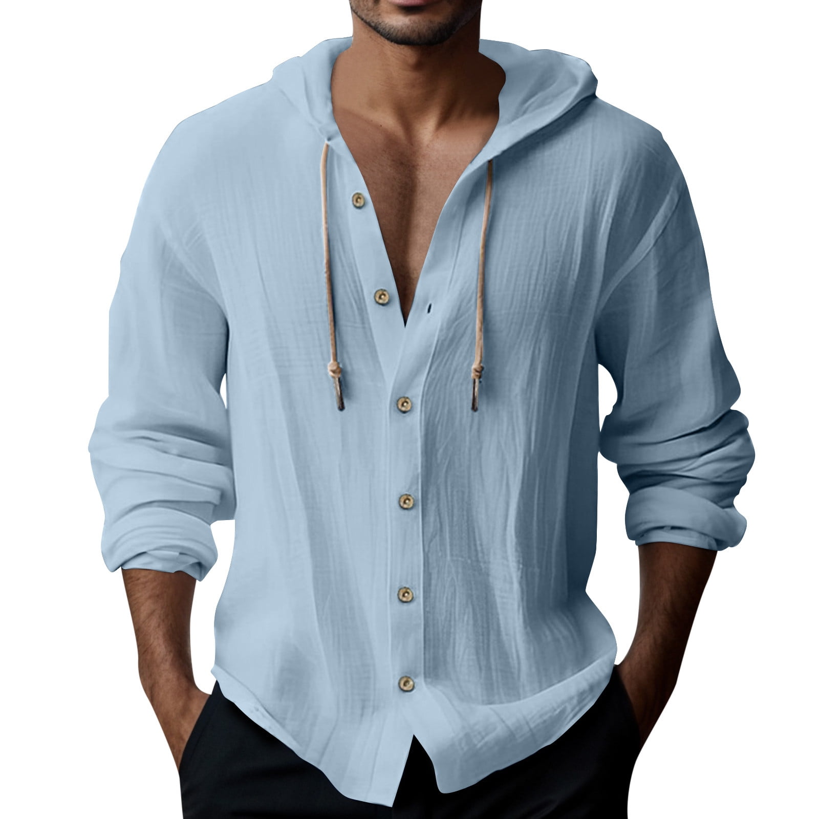 Button Up Shirt Men Fashion Solid Color Simple Button Hooded Comfort ...