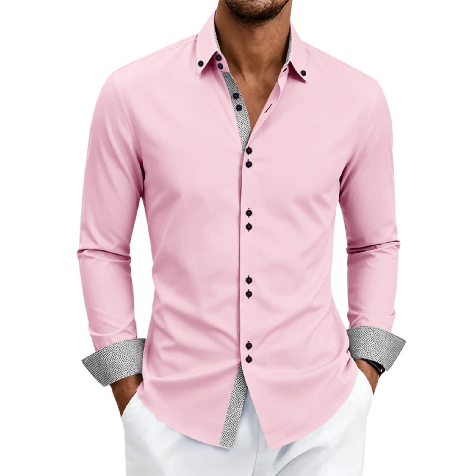 Button Up Shirt Men Long Sleeve Collared Stretch Dress Shirts Double ...
