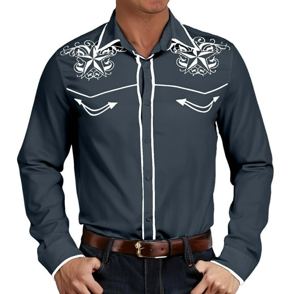 Button Up Shirt Men Western Cowboy Embroidered Shirt Turndown Collar ...