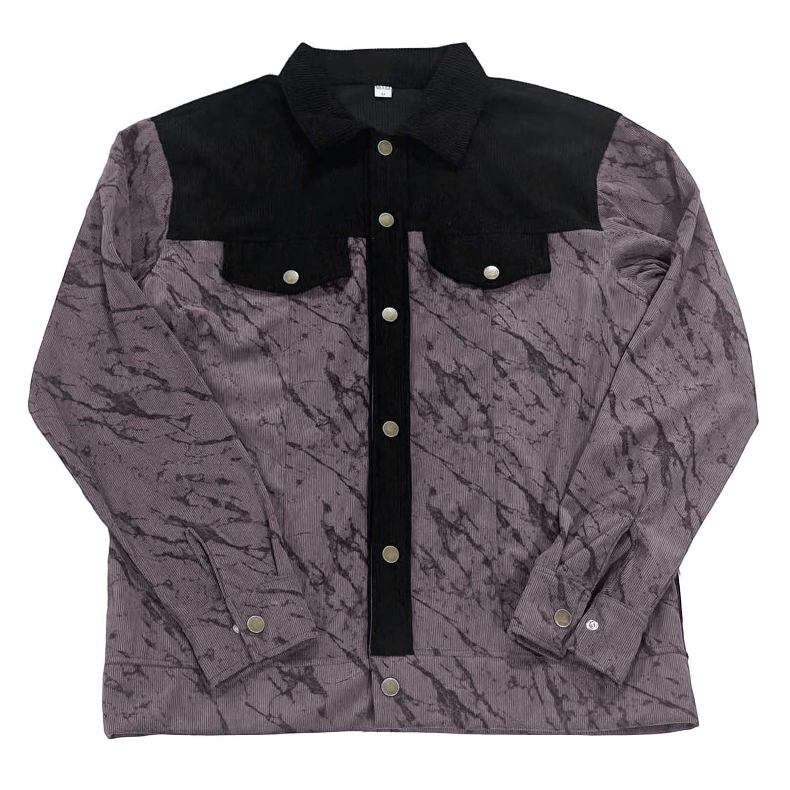 Button Up Shirts for Men Corduroy Crackle Print Color Block Long Sleeve ...