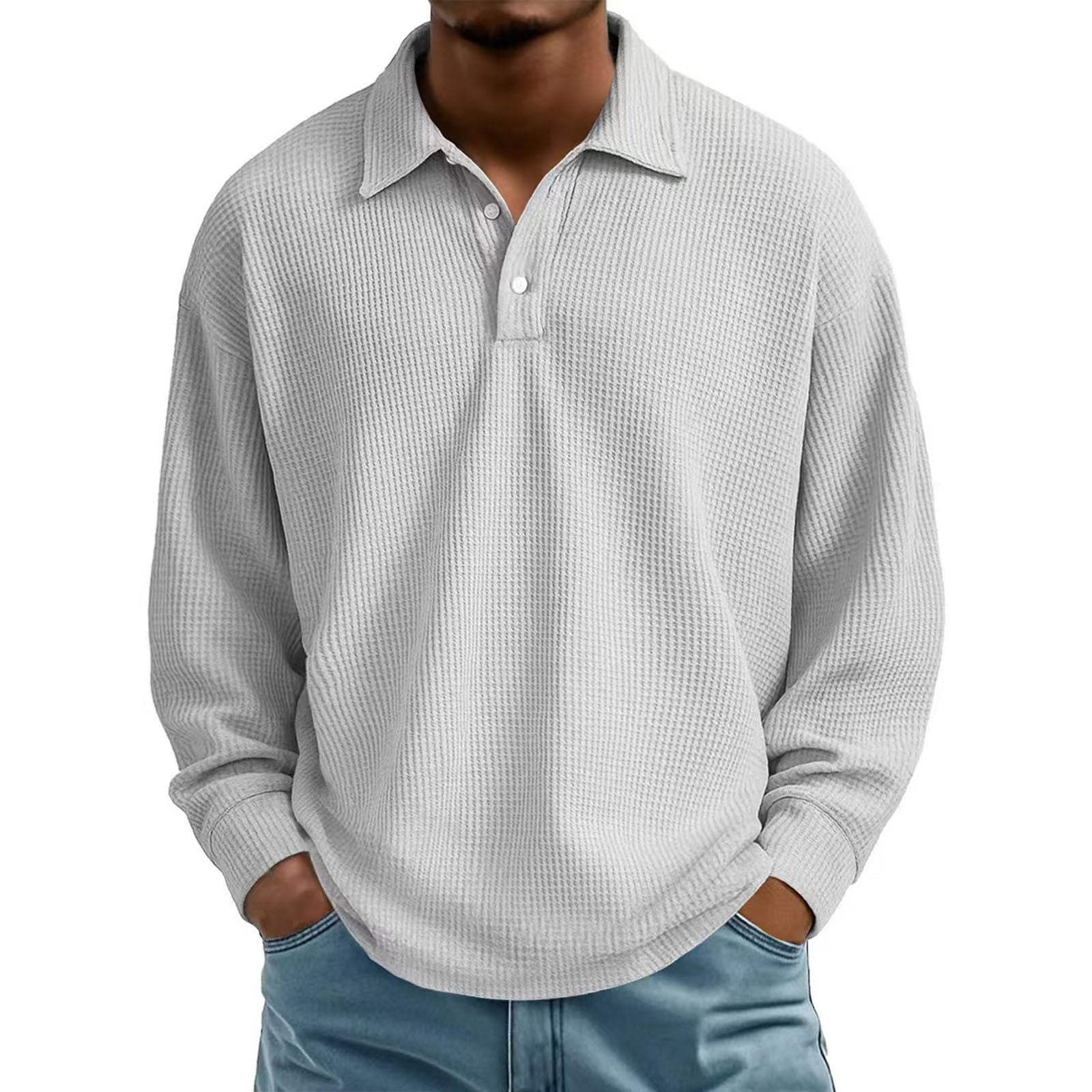Button Up Shirts for Men Solid Color Waffle Knit Polo Long Sleeve ...