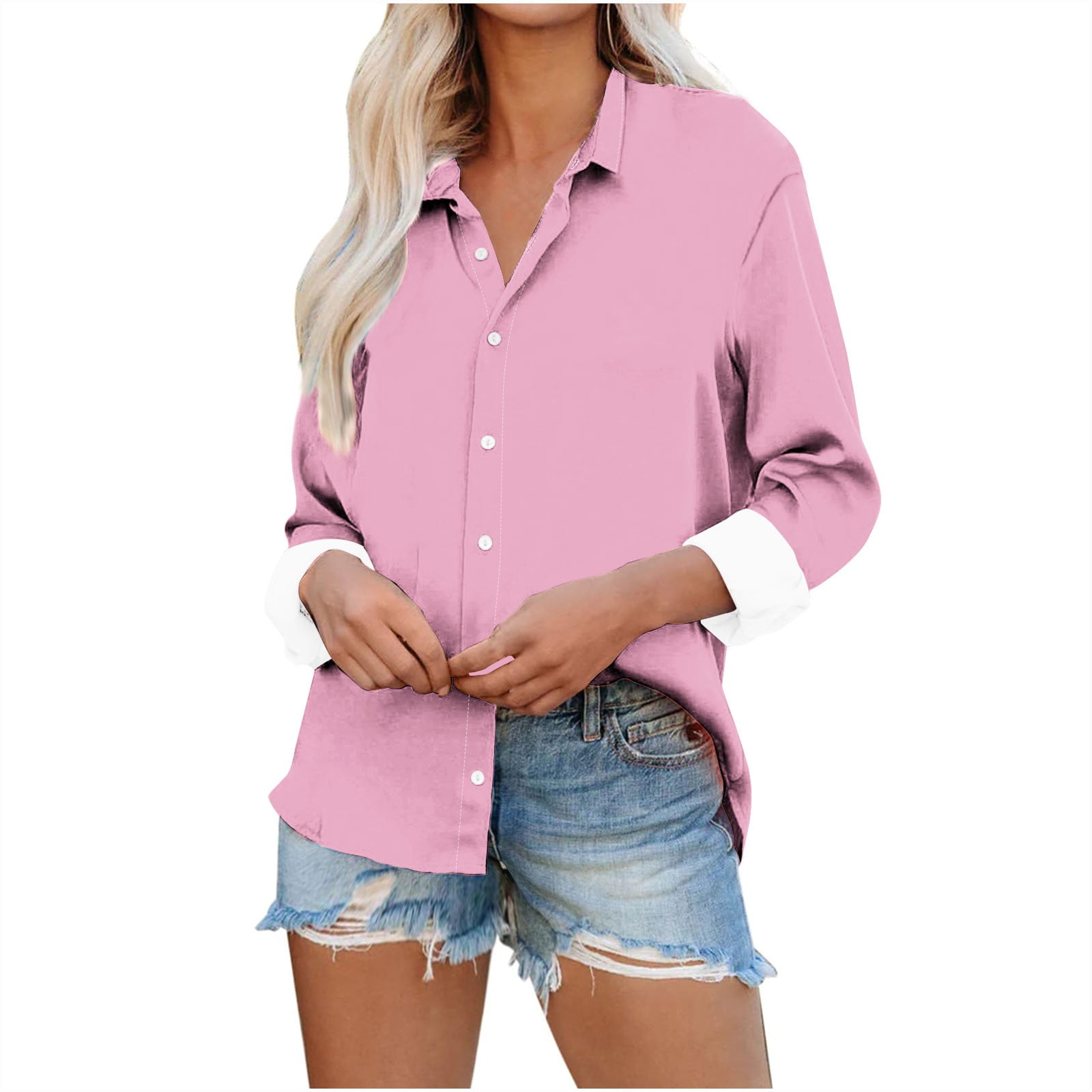 Button Up Shirts for Women Casual Long Sleeve Top Loose Fit Collared ...