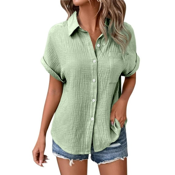 Button Up Short Sleeve Shirt for Women, Casual Ladies Blouse with V ...
