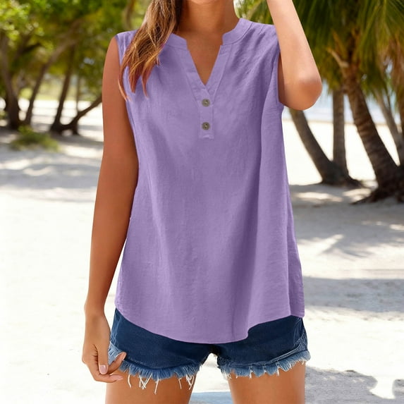 Button Up Sleeveless Shirts for Women Linen Tank Tops Casual Ladies ...