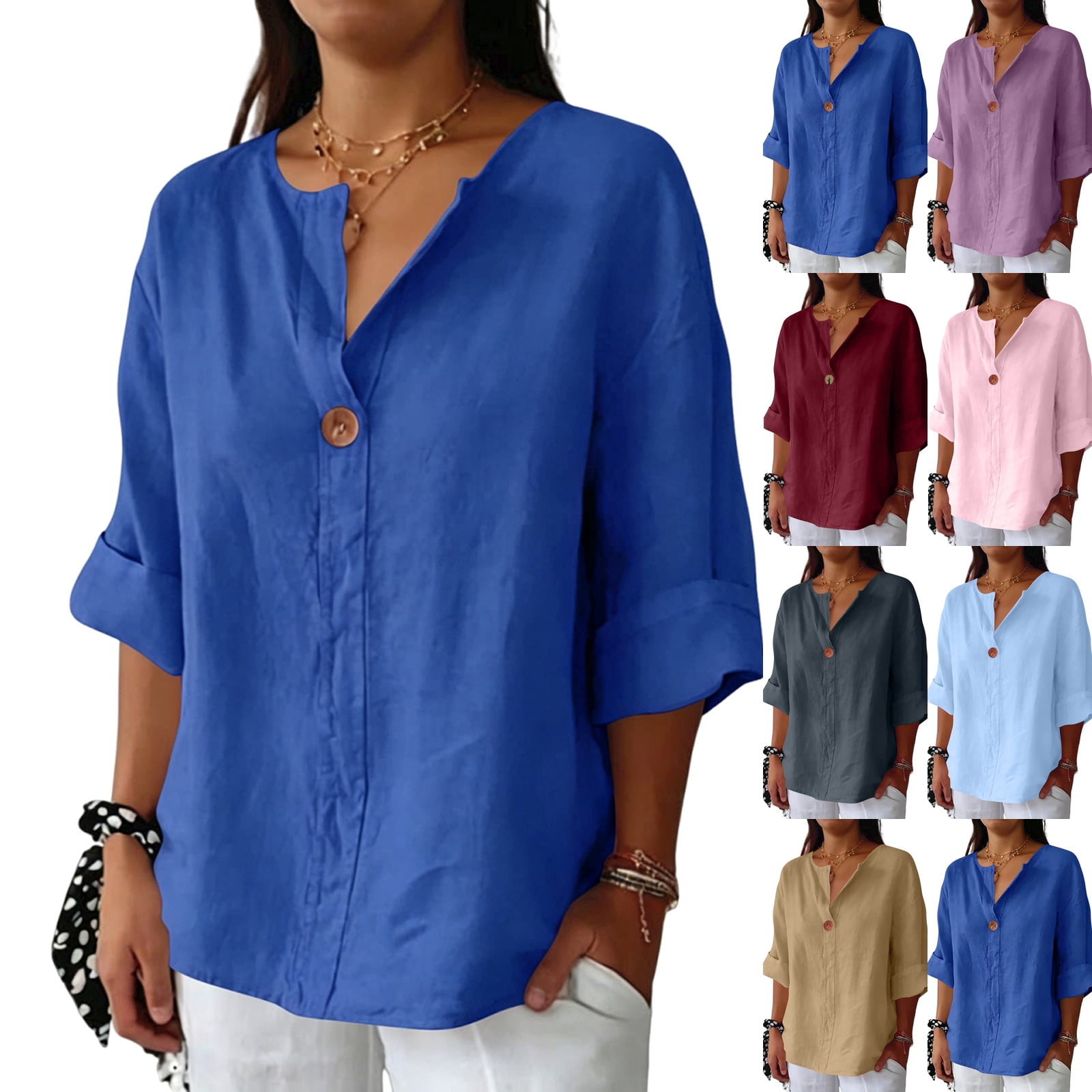 Button V Neck Linen Shirts for Women Roll Up 3/4 Sleeve Blouses ...
