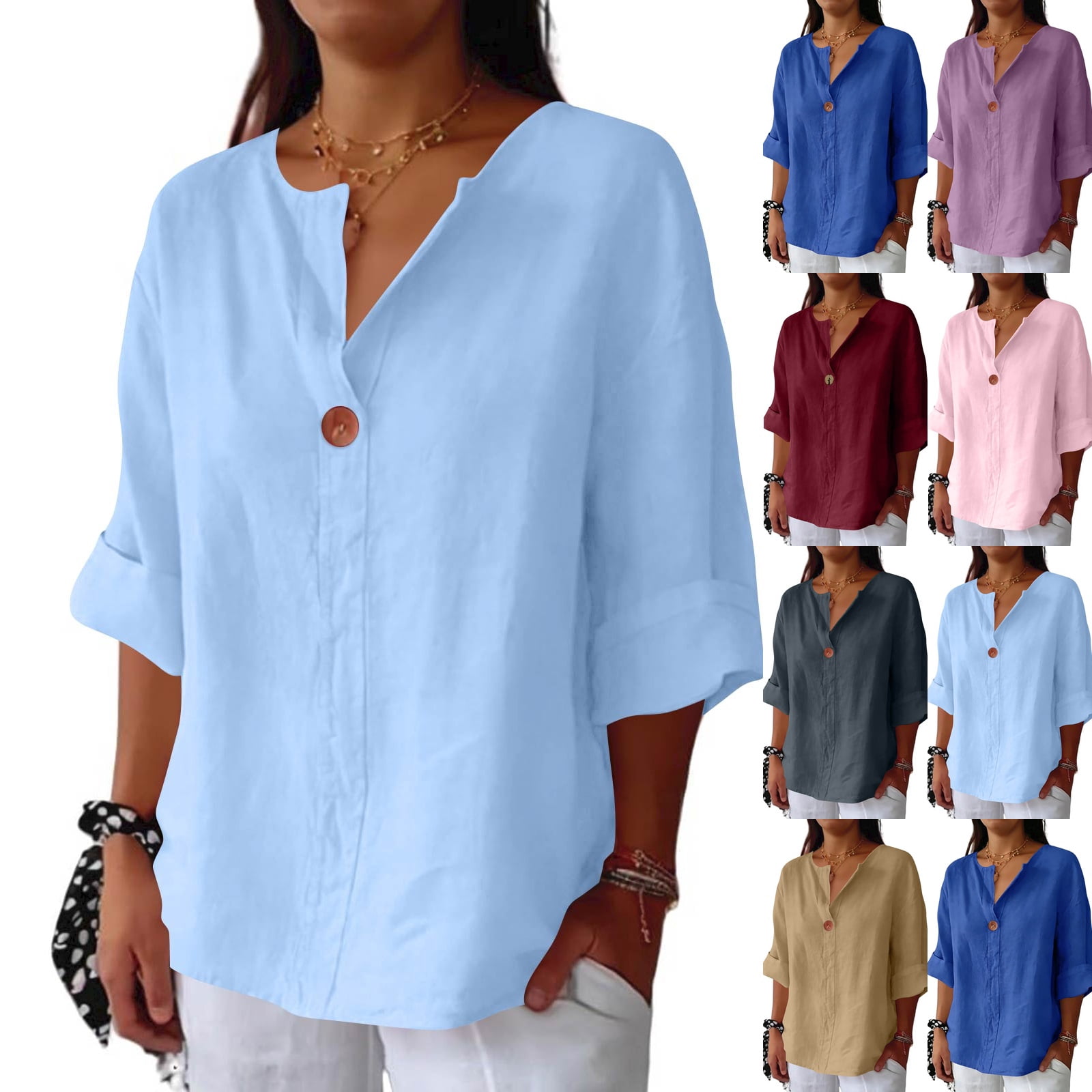 Button V Neck Linen Shirts for Women Roll Up 3/4 Sleeve Blouses ...