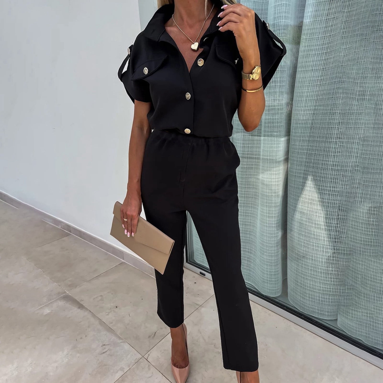 Button Up Waist Tie Belt Flowy Wide Leg Sleeveless Jumpsuit Jumpsuits ...