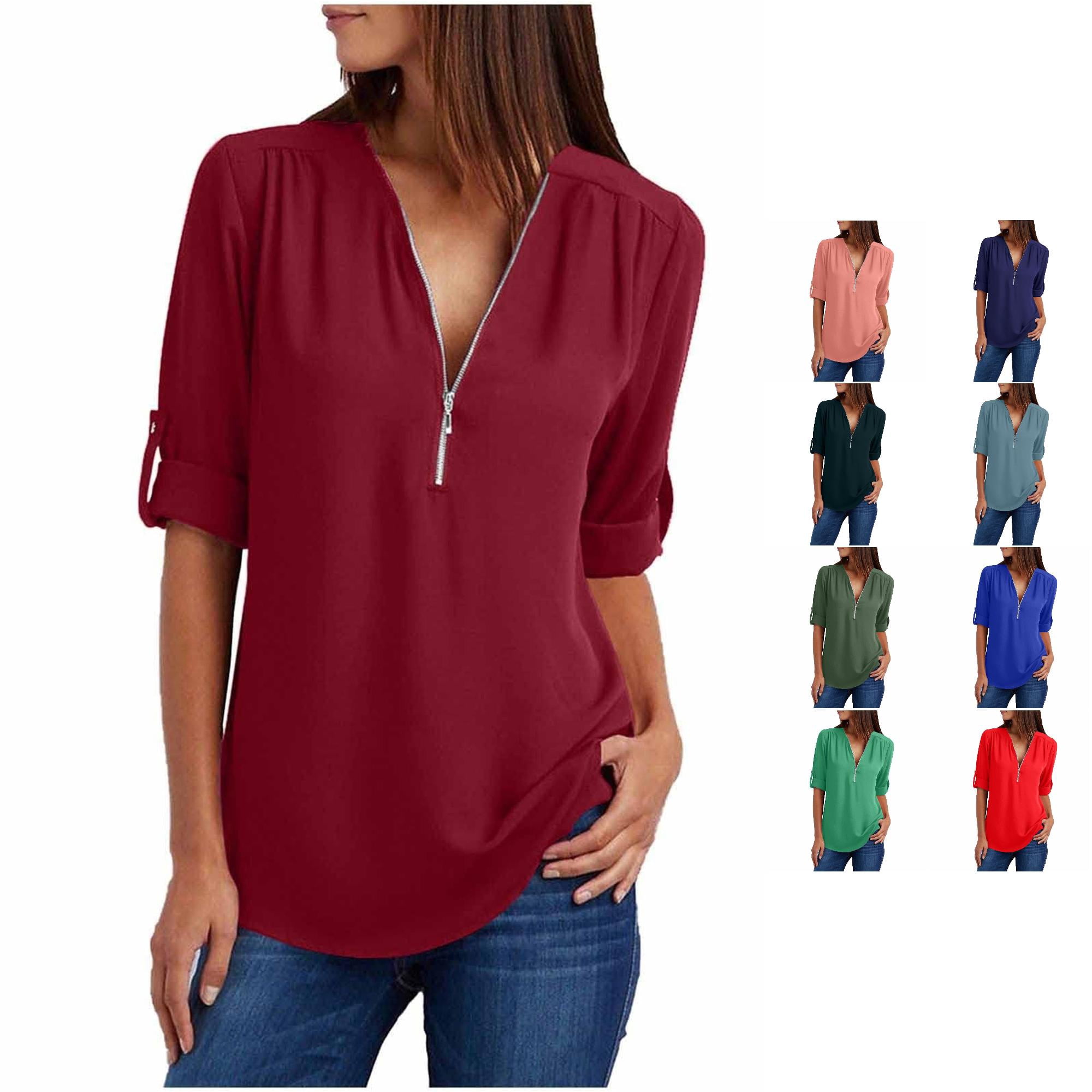 Button Women Ladies Clothing Loose Shirt Chiffon Zipper Long Sleeves ...