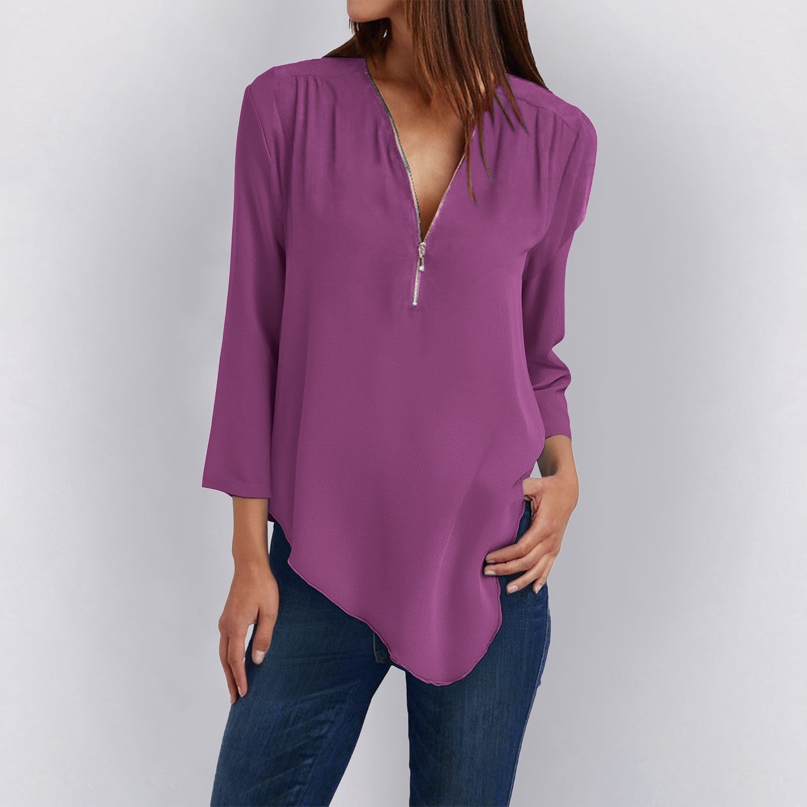 Button Women Ladies Clothing Loose Shirt Chiffon Zipper Long Sleeves ...