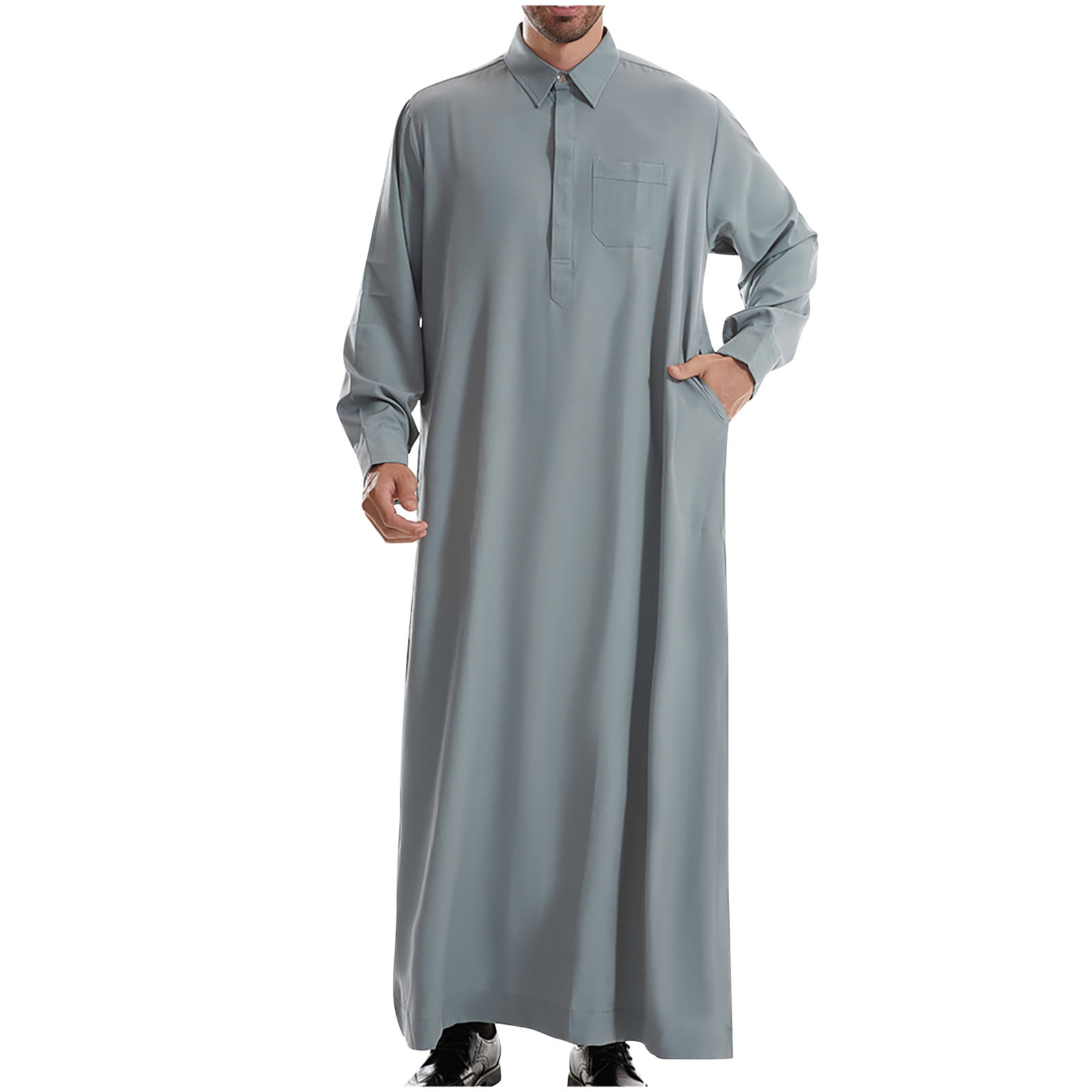 Button up Kaftan Dress Long Sleeve Dubai Robes Muslim Thobe for Men ...