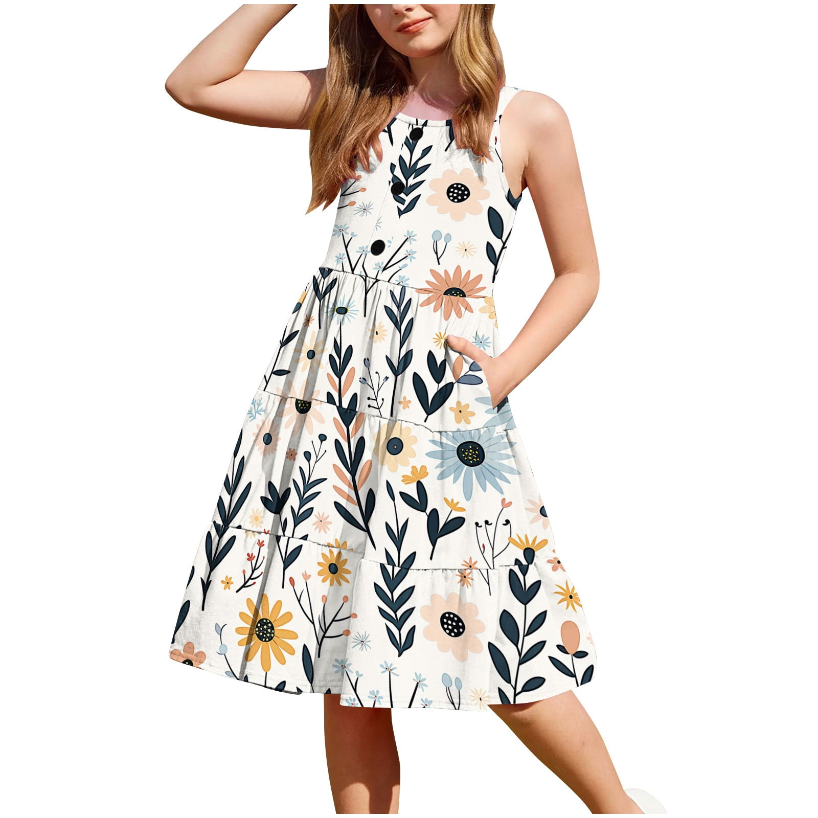 ButtonFlowing Layered Dress for Girls, Sleeveless Round Neck Dress with ...