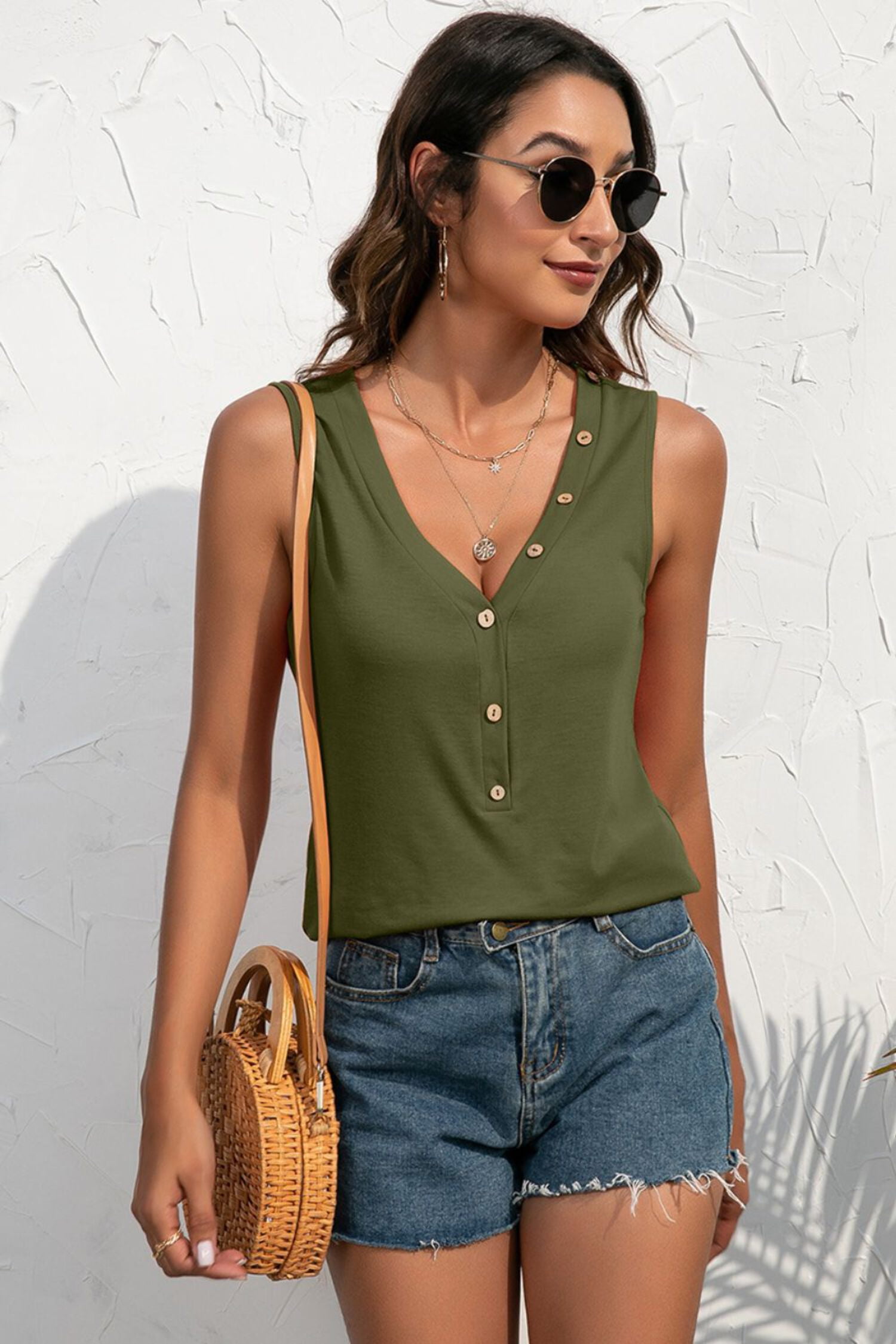 Buttoned Deep V Tank - Walmart.com