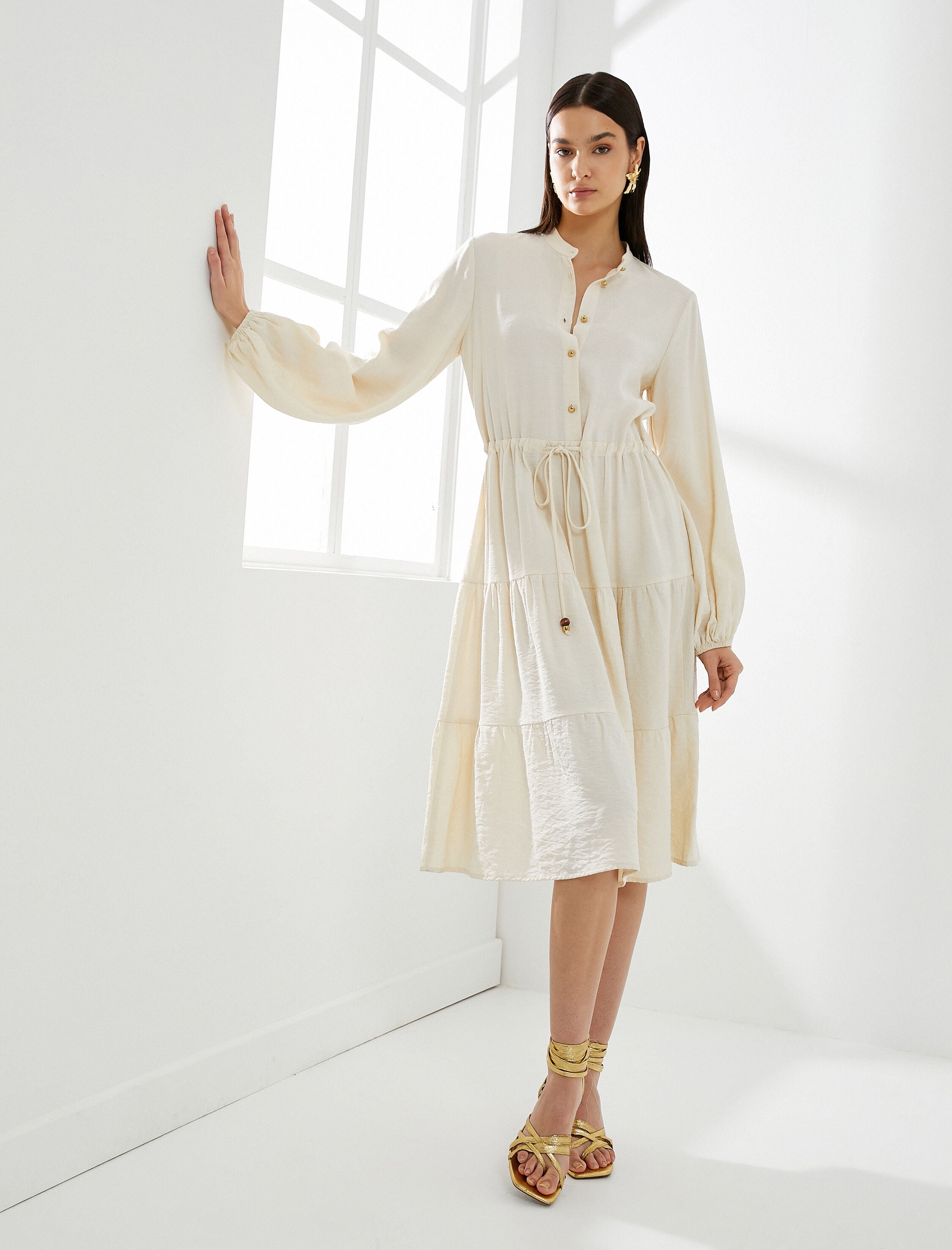 Buttoned Long Sleeve Mandarin Collar Midi Dress - Walmart.com
