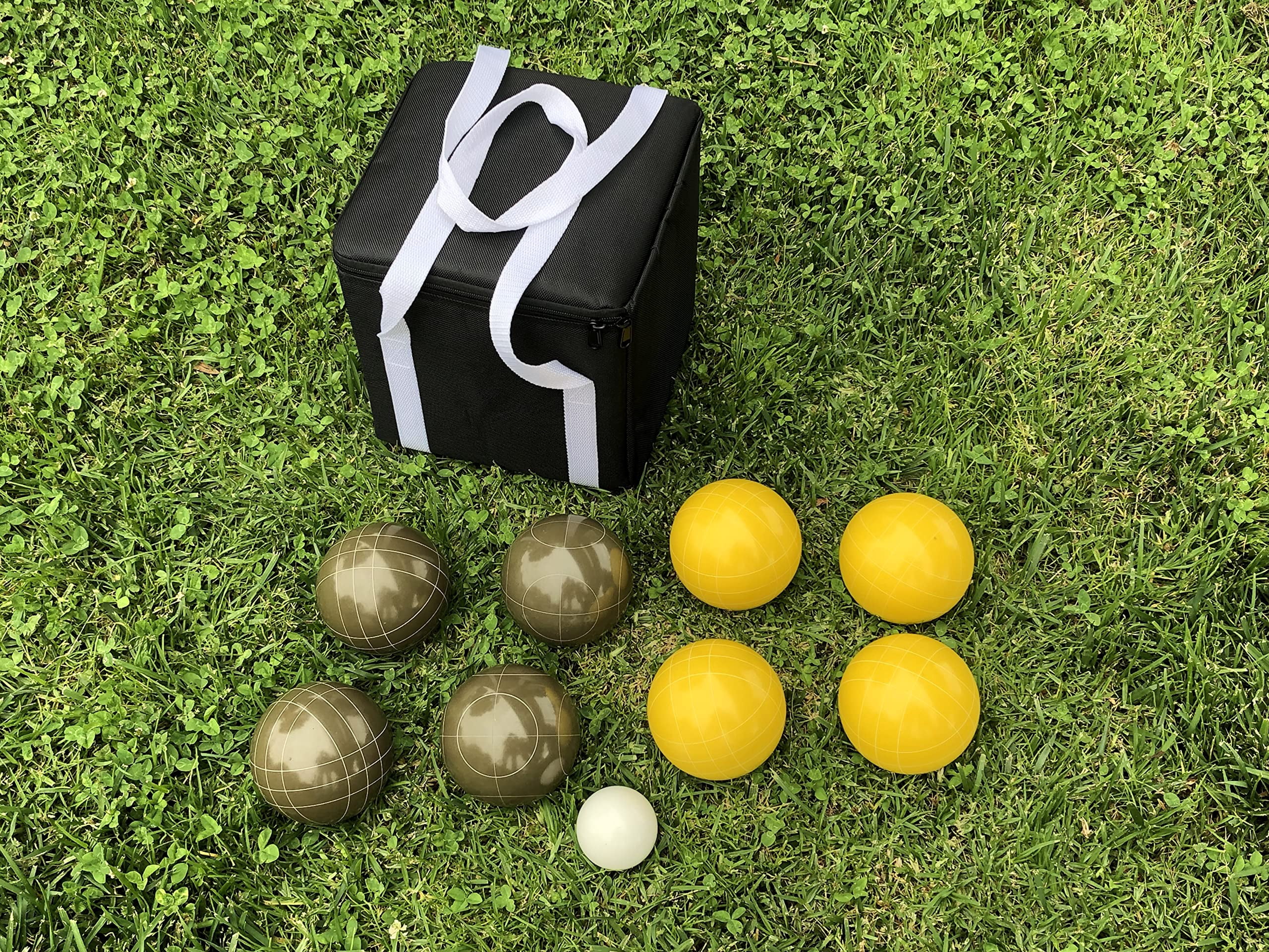 BuyBocceBalls Listing -73mm Metal Bocce/Petanque Set with 8 Gold and ...