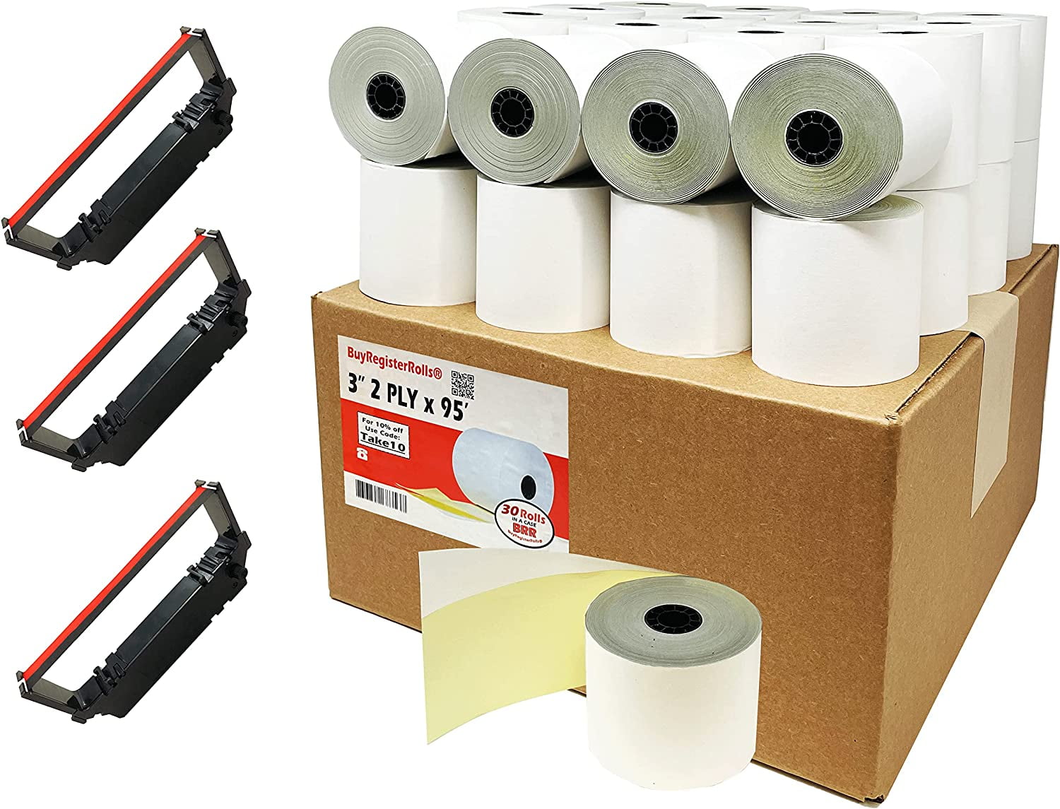 BuyRegisterRolls (3 SP700 Ribbons + 30 Rolls) 2 Ply Carbonless Rolls 3" X 95 Feet White/Yellow ...