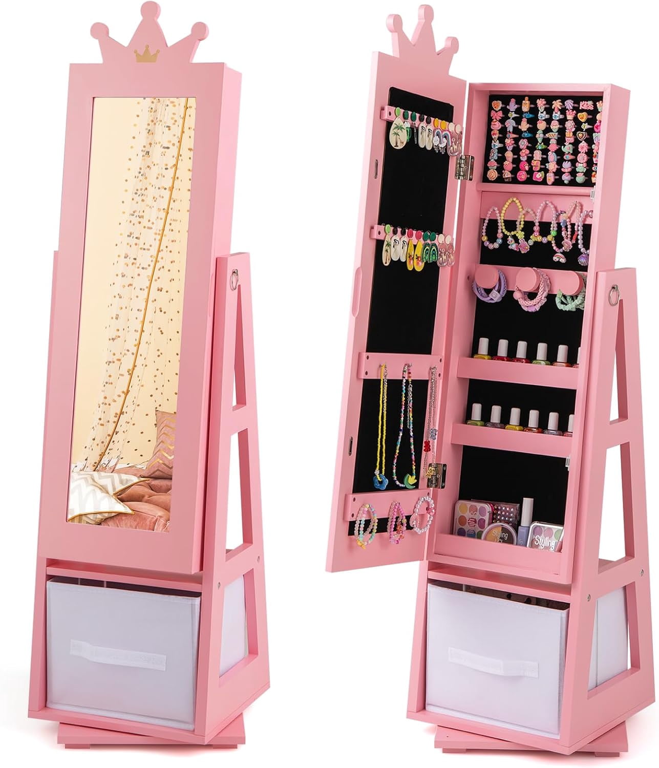 BuySphere Kids Jewelry Armoire, 360° Swivel Jewelry Cabinet with Full ...