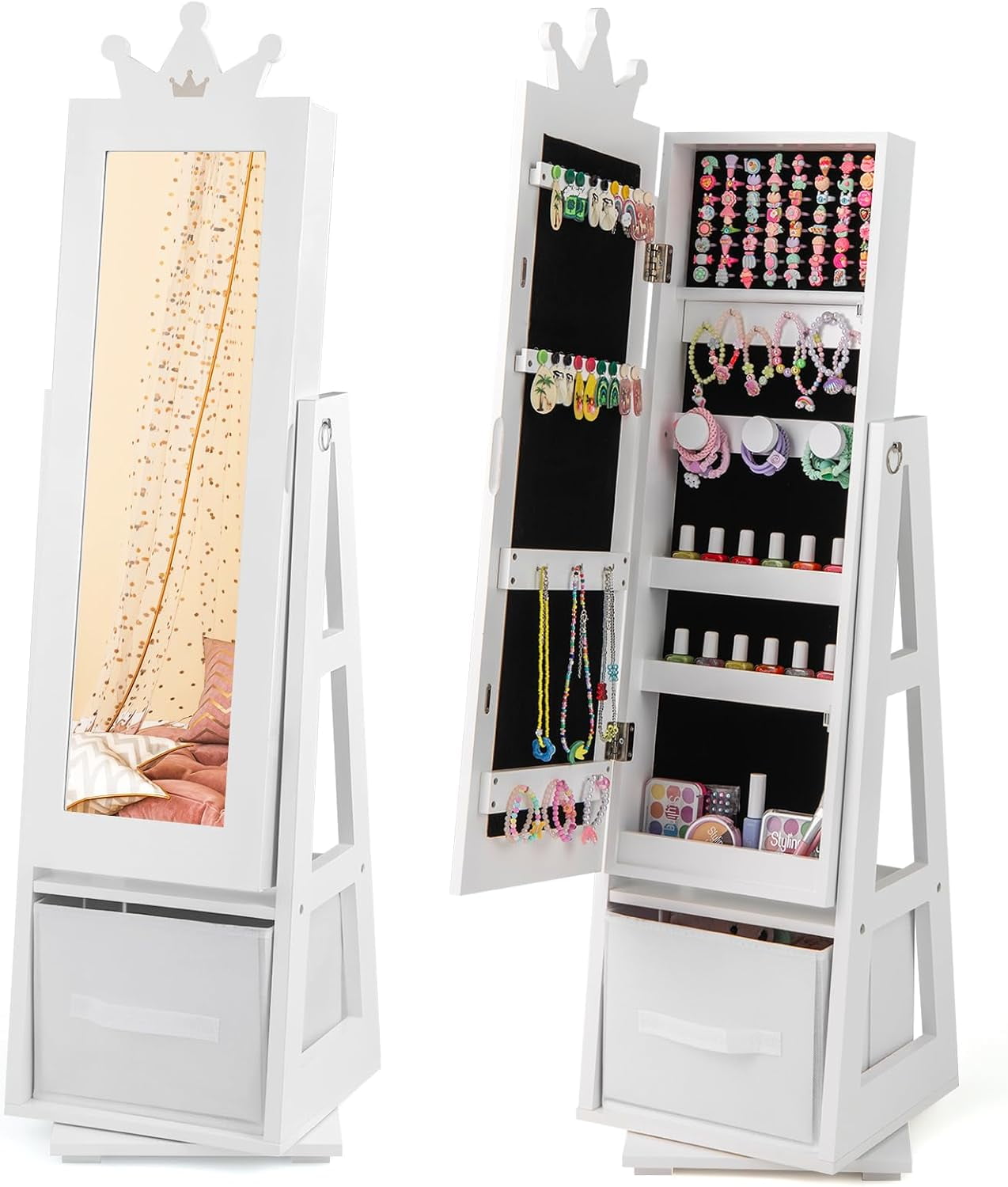 BuySphere Kids Jewelry Armoire, 360° Swivel Jewelry Cabinet with Full ...