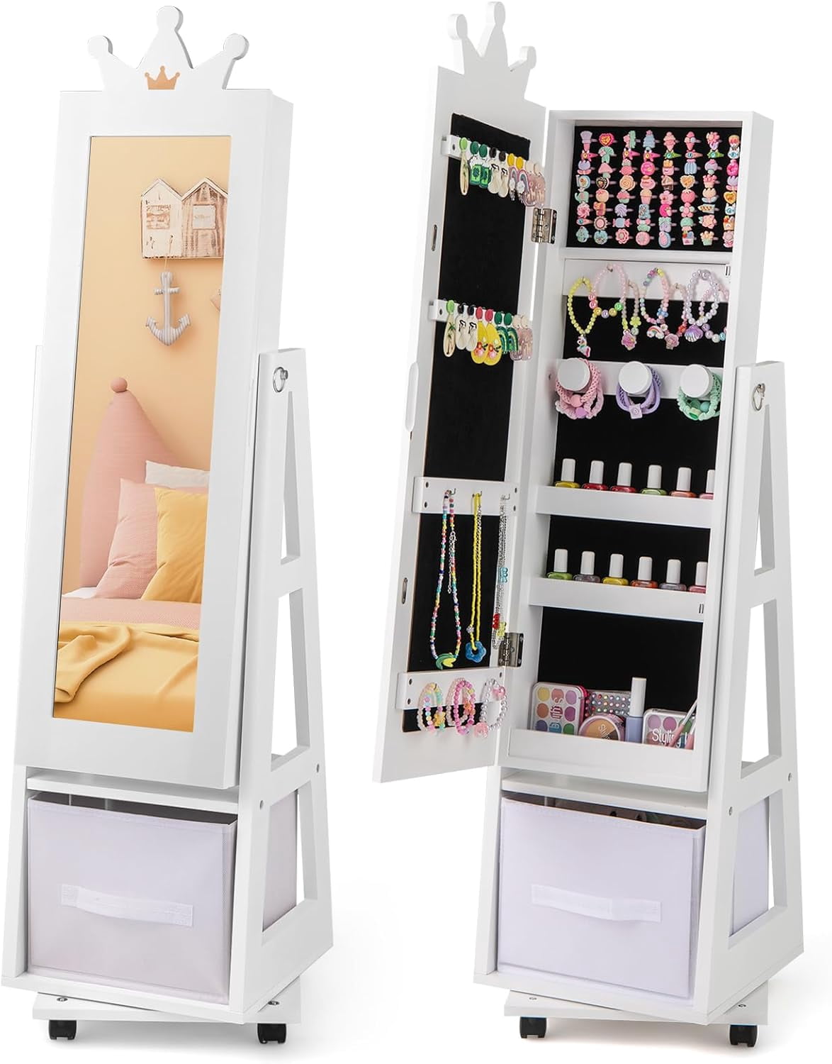 BuySphere Kids Jewelry Armoire, 360° Swivel Jewelry Cabinet with Full ...