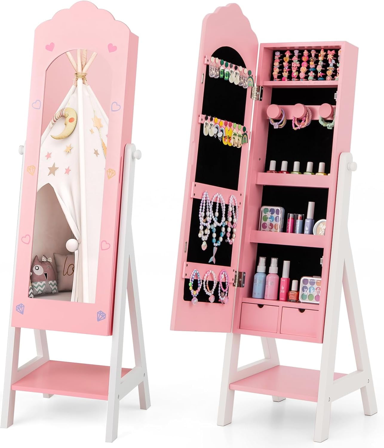 BuySphere Kids Jewelry Armoire Cabinet, Standing Jewelry Organizer with Full-Length Mirror ...