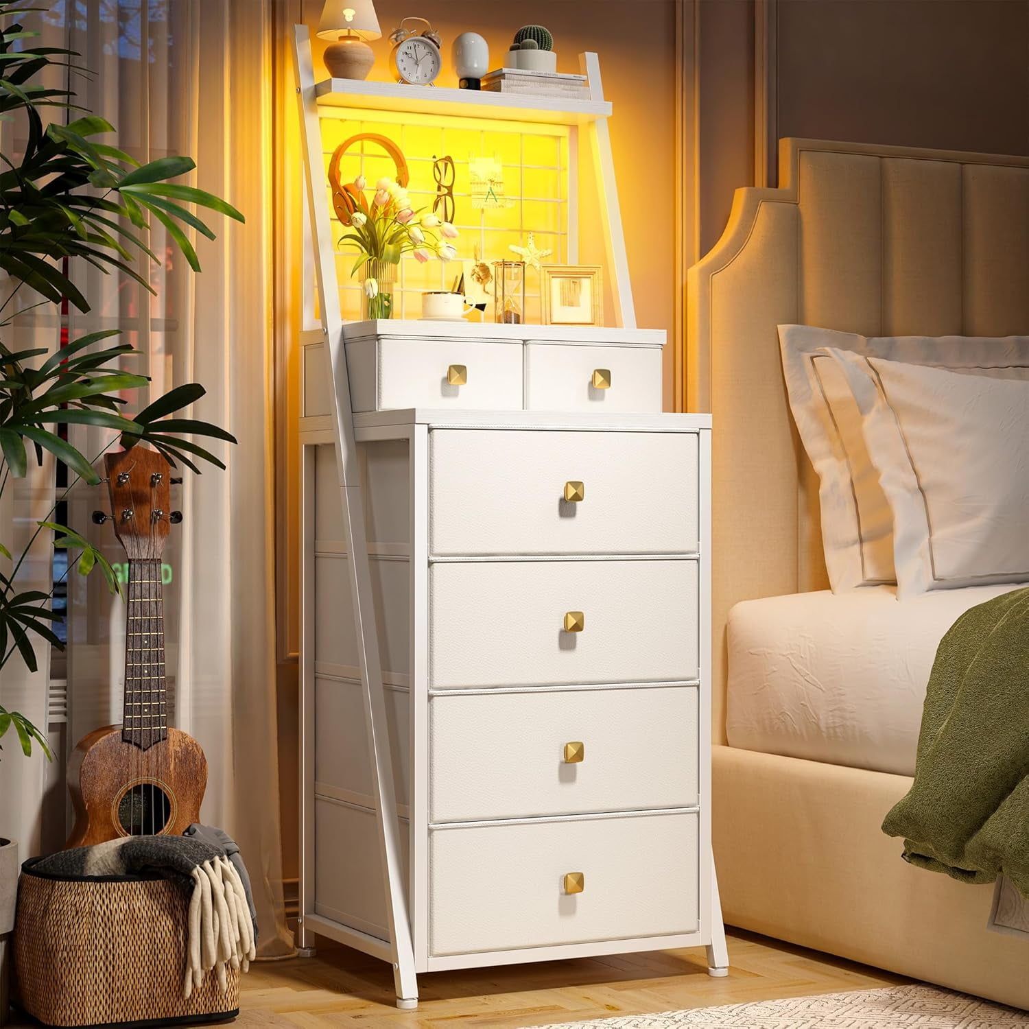 BuySphere Vertical Dresser for Bedroom with LED White Dresser with Grid ...