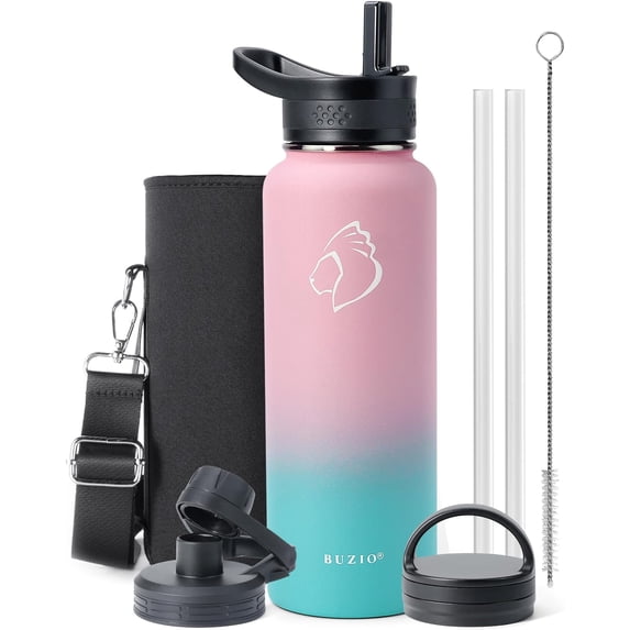 Buzio 40 oz Water Bottle Insulated with Straw & 3 lid and Carrying ...