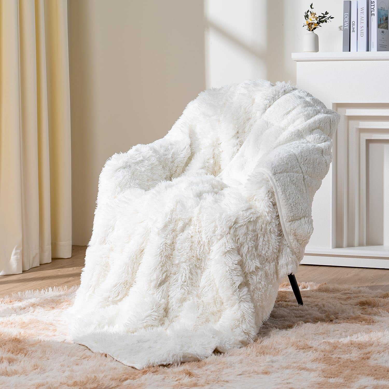 Buzio Weighted Blanket 12lbs, Twin Bed, Plush Faux Fur Sherpa, Cream ...